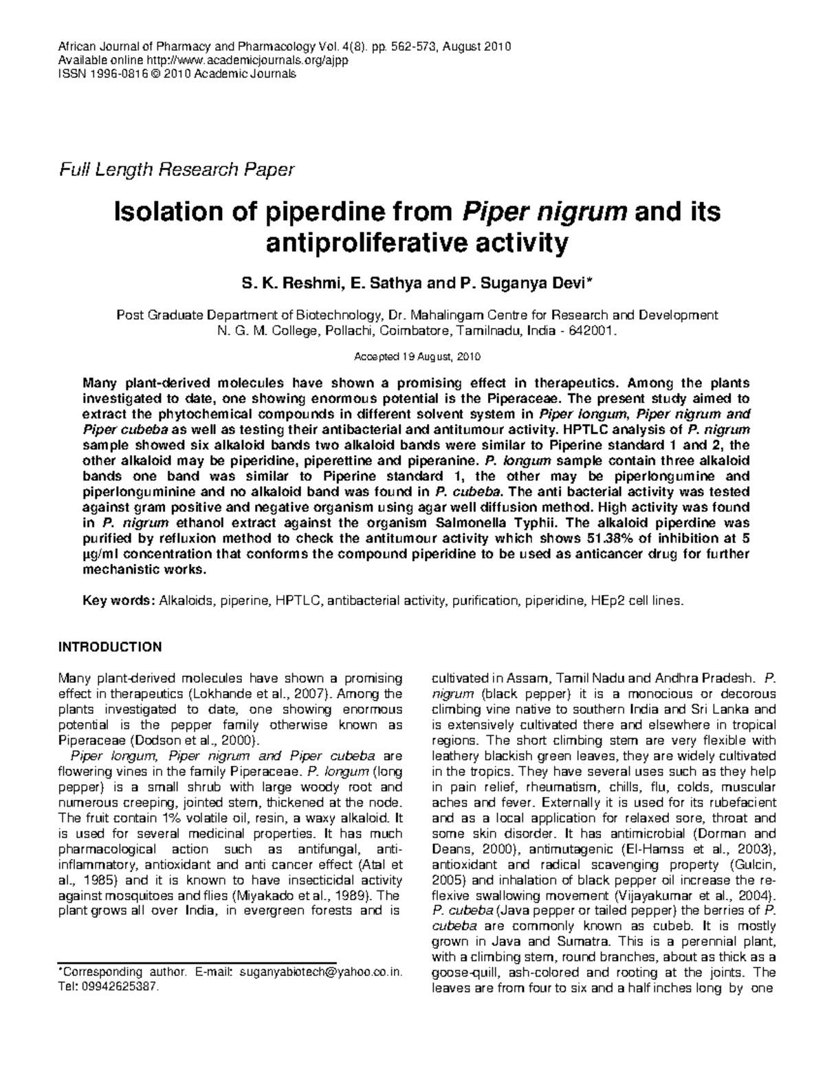 Piperdine paper - BIOTECH READERS - African Journal of Pharmacy and ...