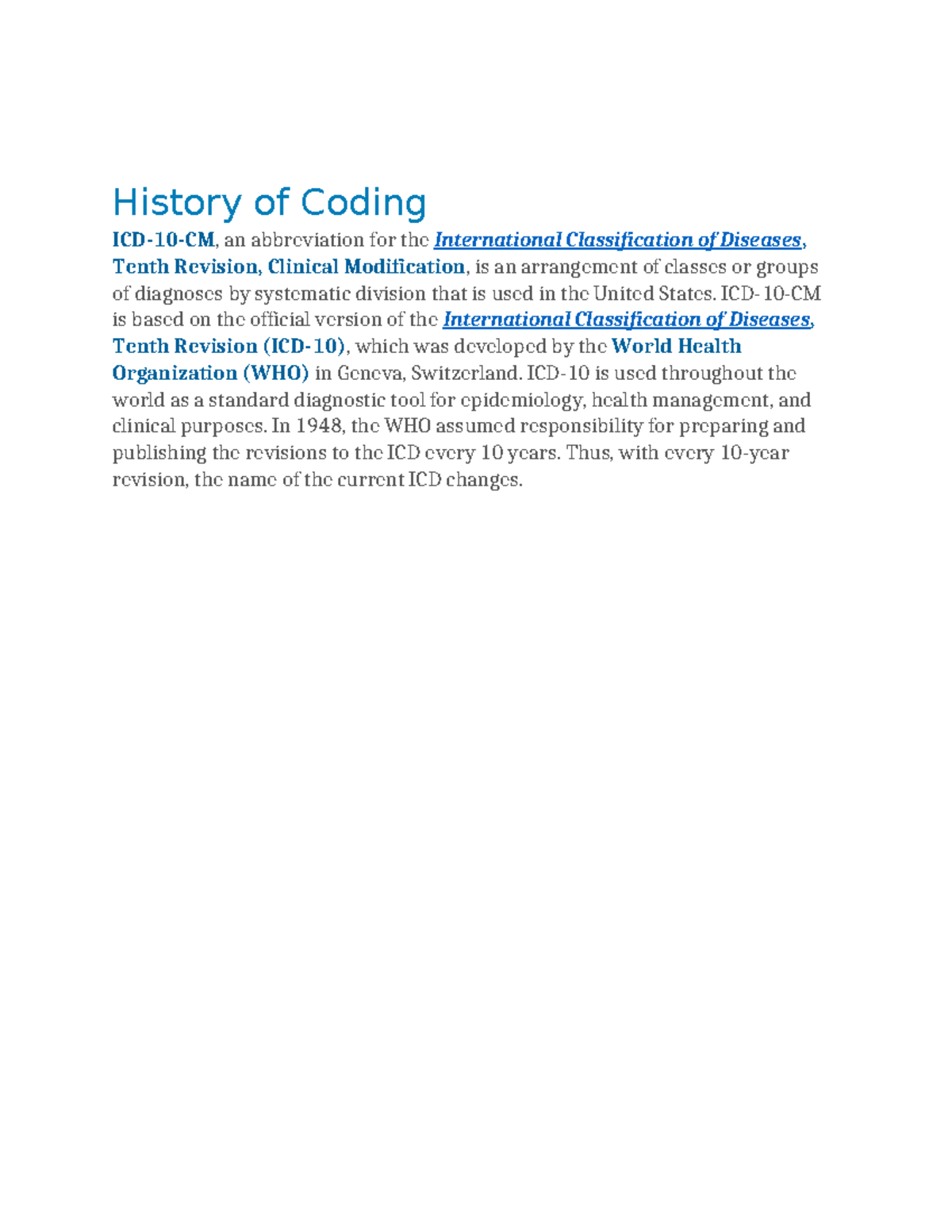 History of Coding - History of Coding ICD-10-CM, an abbreviation for the International - Studocu