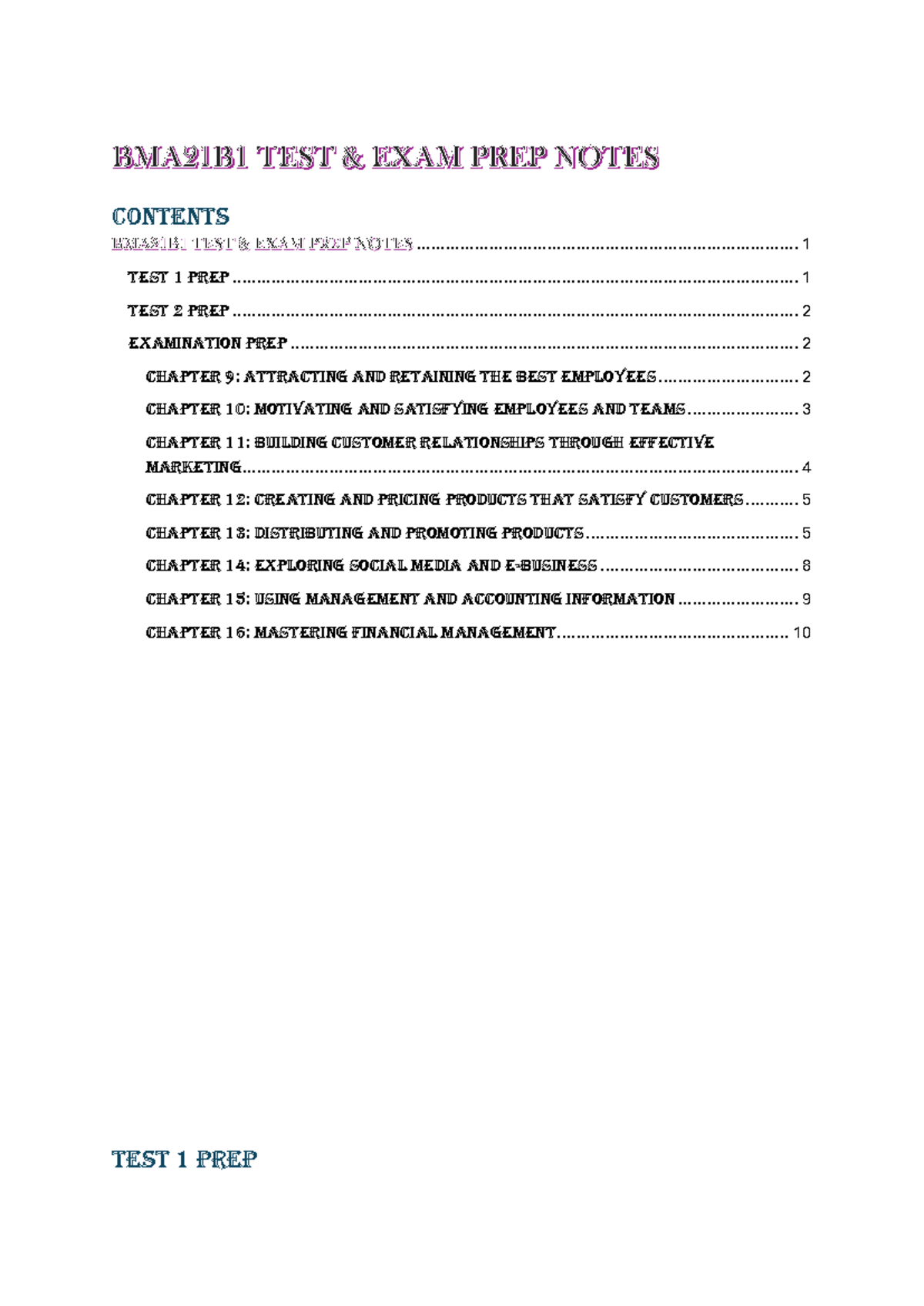 BMA21B1 TEST & EXAM PREP Notes - Contents TEST 1 PREP BMA21B1 TEST ...