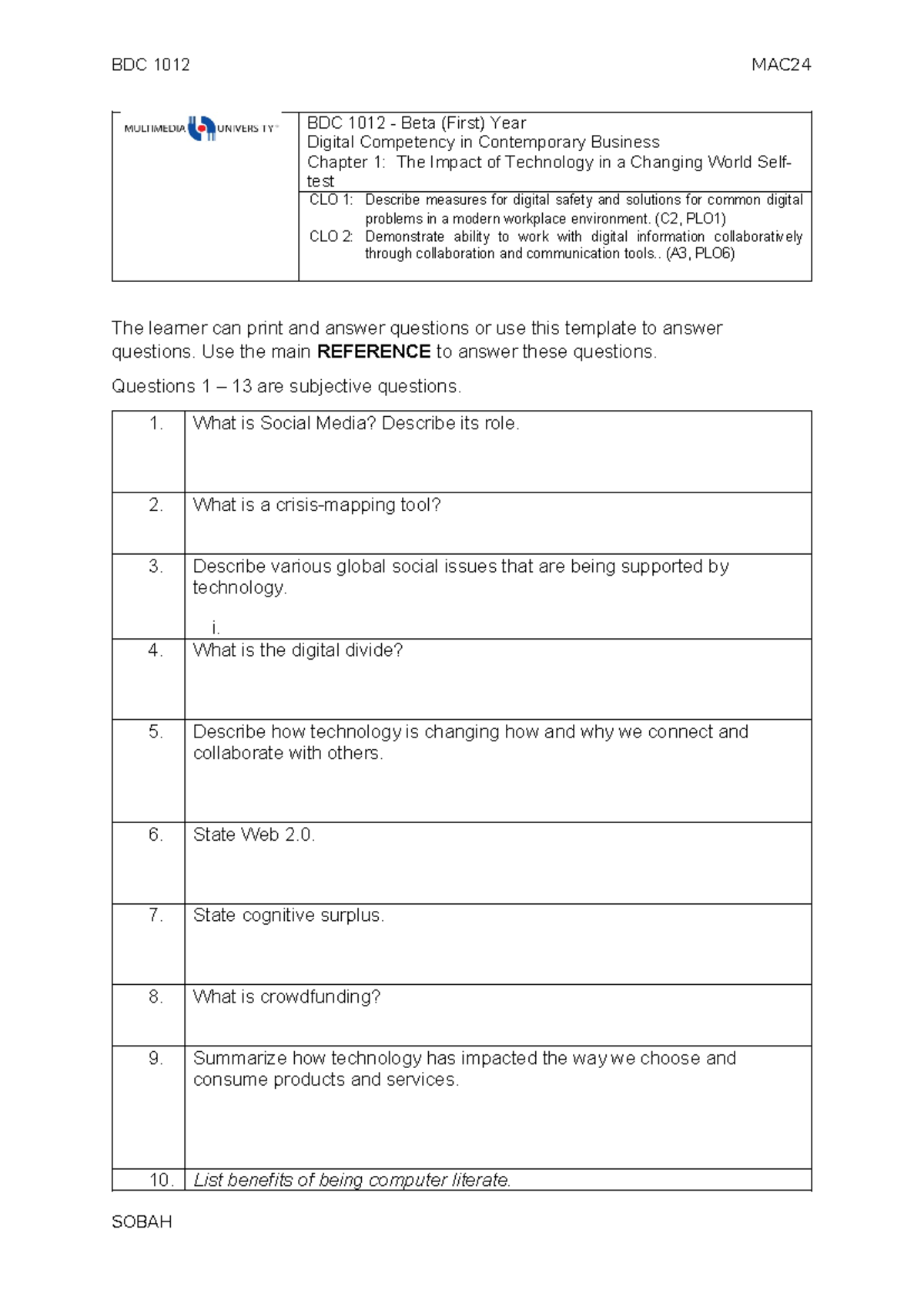 Chapter 1 The Impact of Technology in a Changing World Self test ...