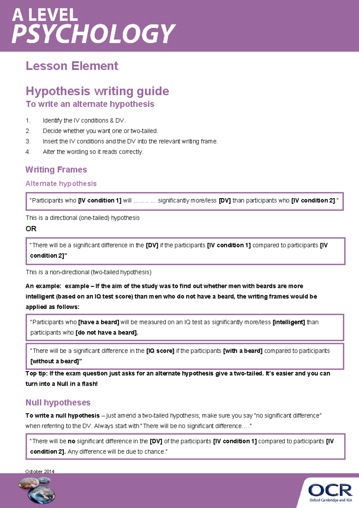 Hypothesis writing guide - Lesson Element Hypothesis writing guide To ...