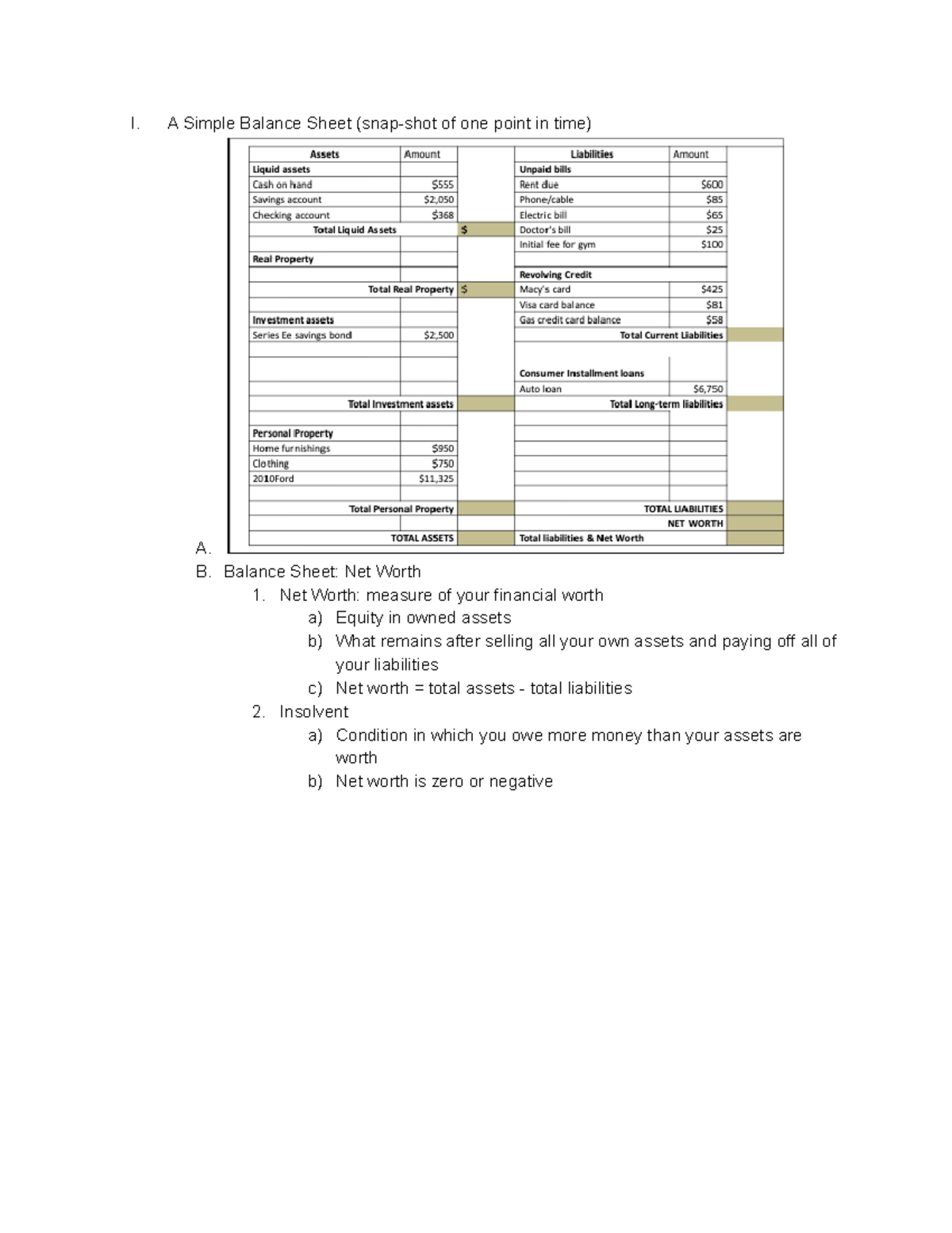 FHCE 2100 M4 L2 - Notes - I. A Simple Balance Sheet (snap-shot of one ...