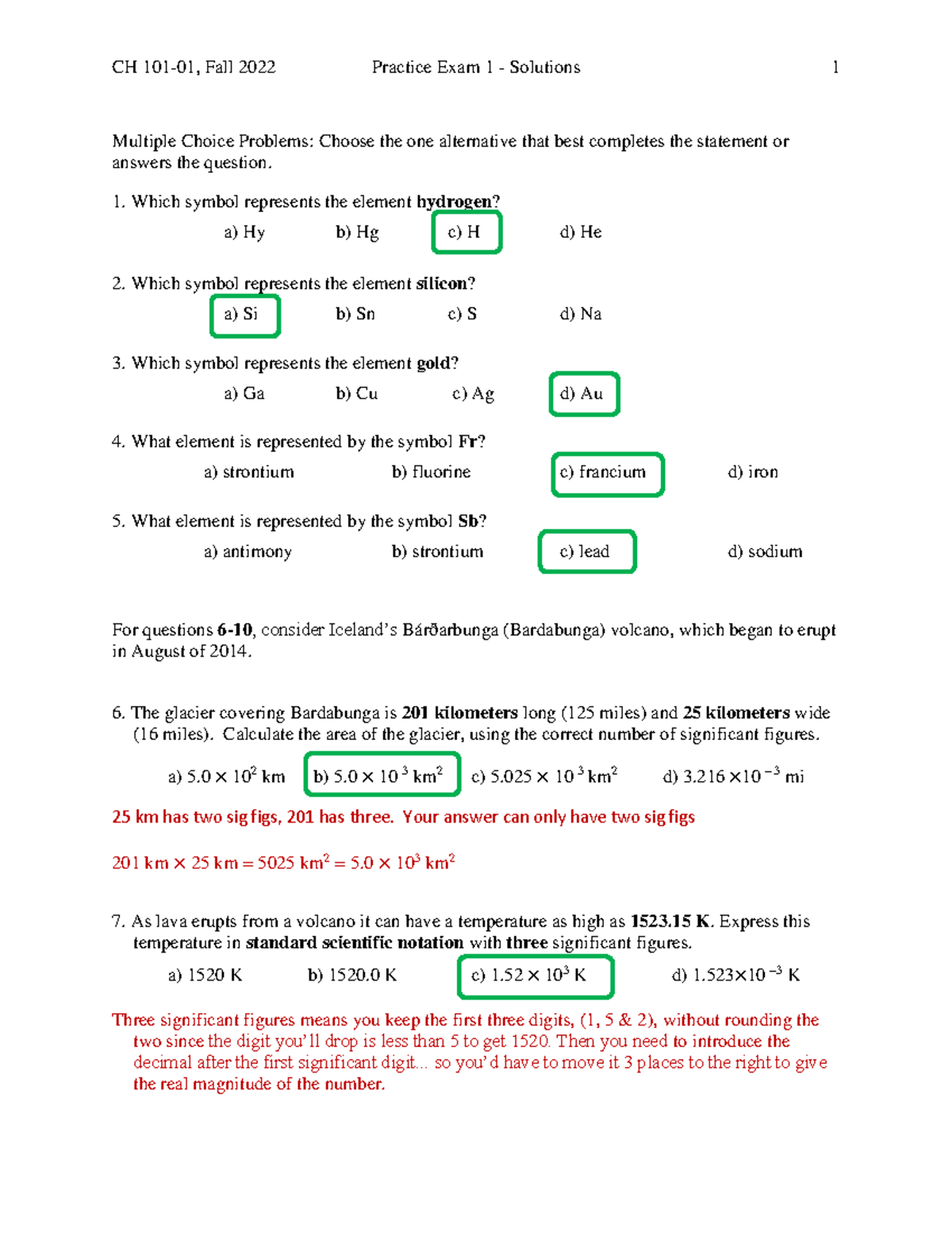 CH 101 Practice Exam 1 Solutions - Multiple Choice Problems: Choose the ...