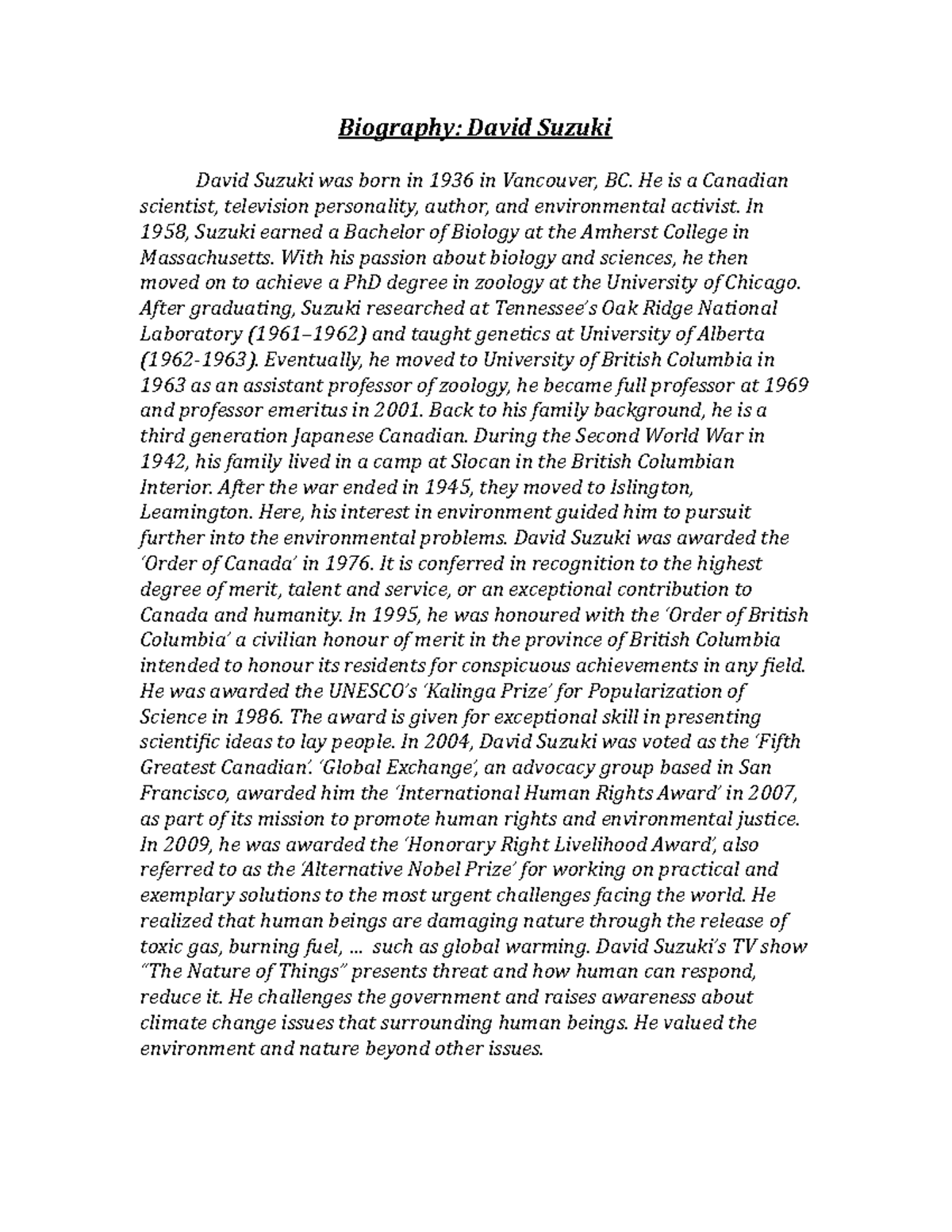 Biography - Lecture notes 1 - Biography: David Suzuki David Suzuki was ...