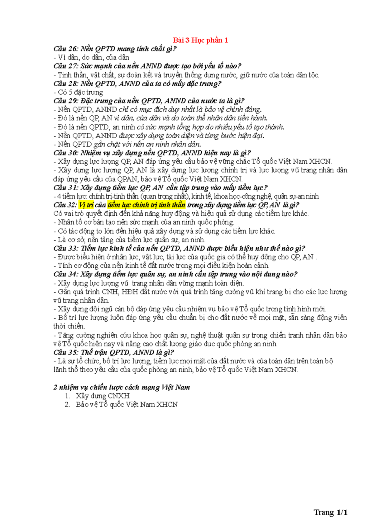ĐỀ CƯƠNG GDQP-AN HP1 full - Bài 3 Học phần 1 Câu 26: Nền QPTD mang tính chất gì? Vì dân, do dân ...