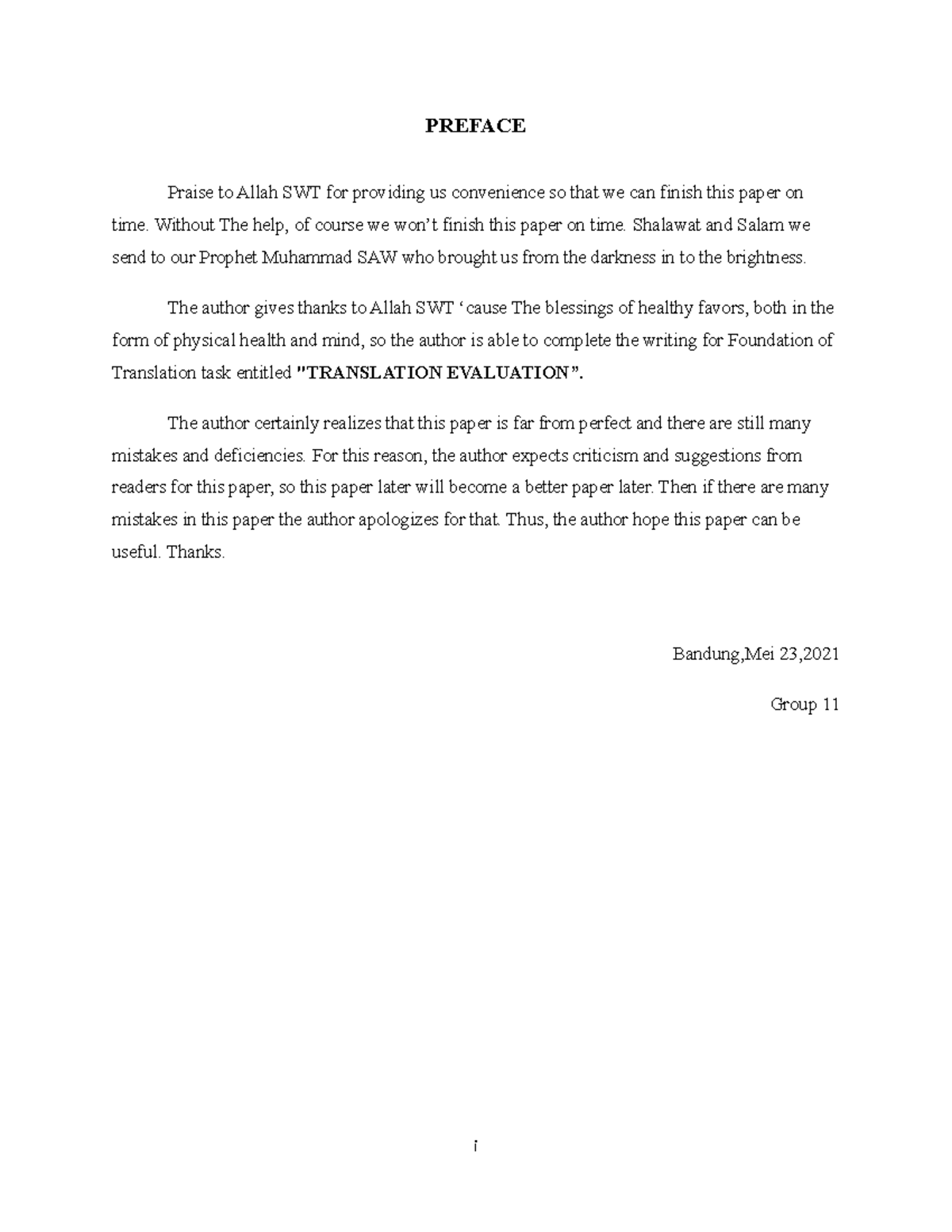 Foundation of Translation Evaluation Group 11 (End) - PREFACE Praise to ...