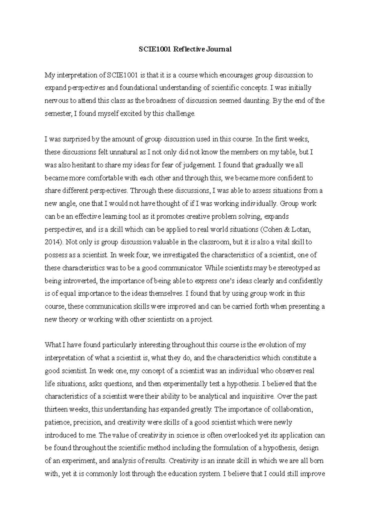 SCIE1001 Reflective Journal - I was initially nervous to attend this ...