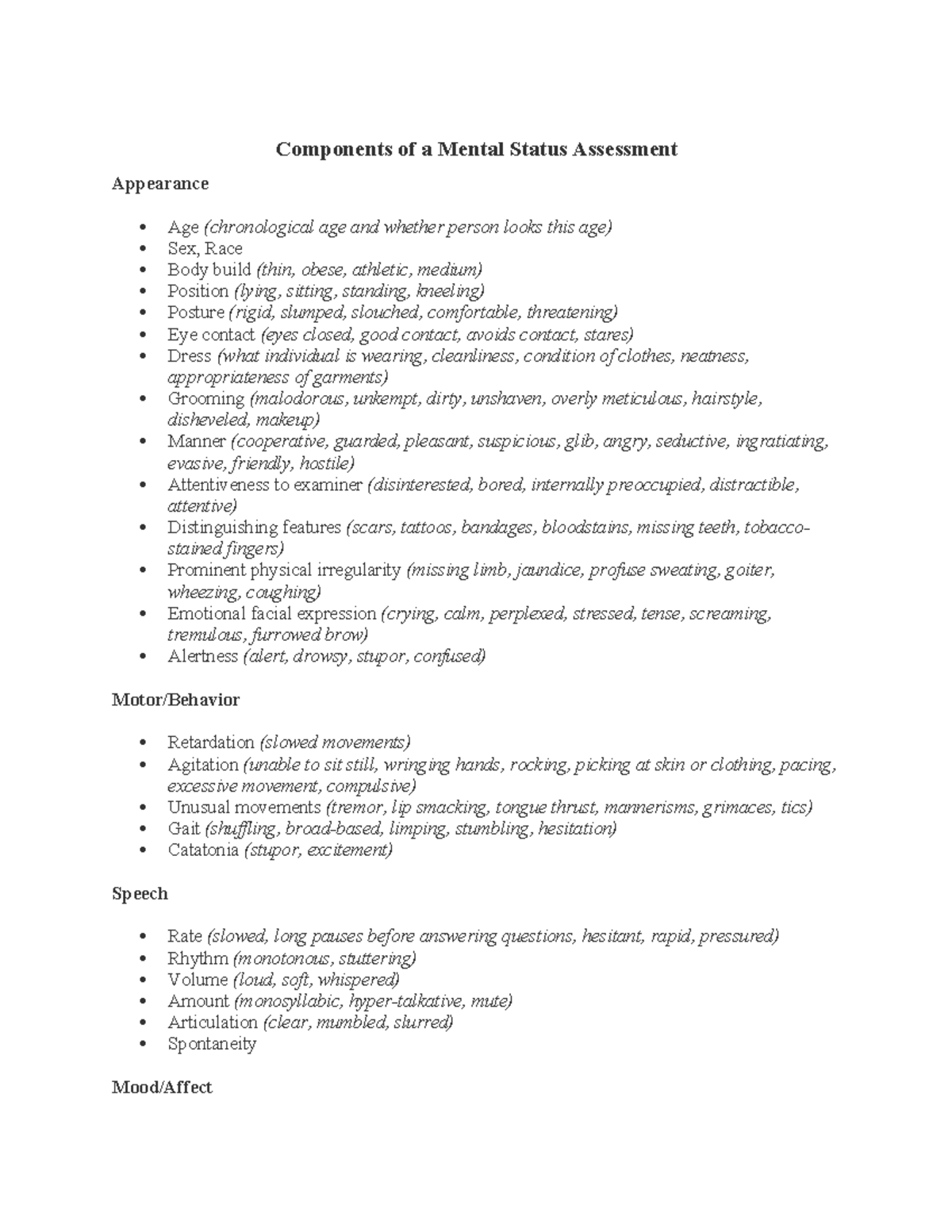 Components of a Mental Status Assessment - Components of a Mental ...