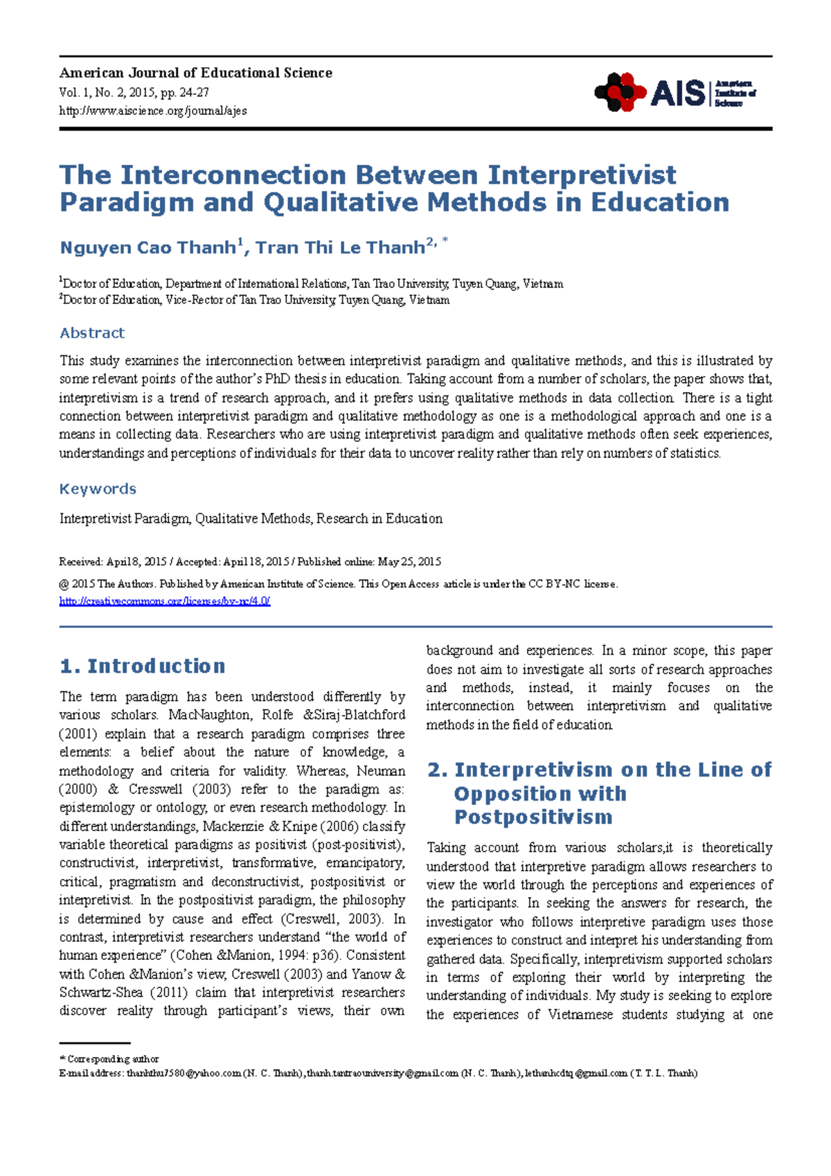 The Interconnection Between Interpretivist Paradigm and Qualitative ...