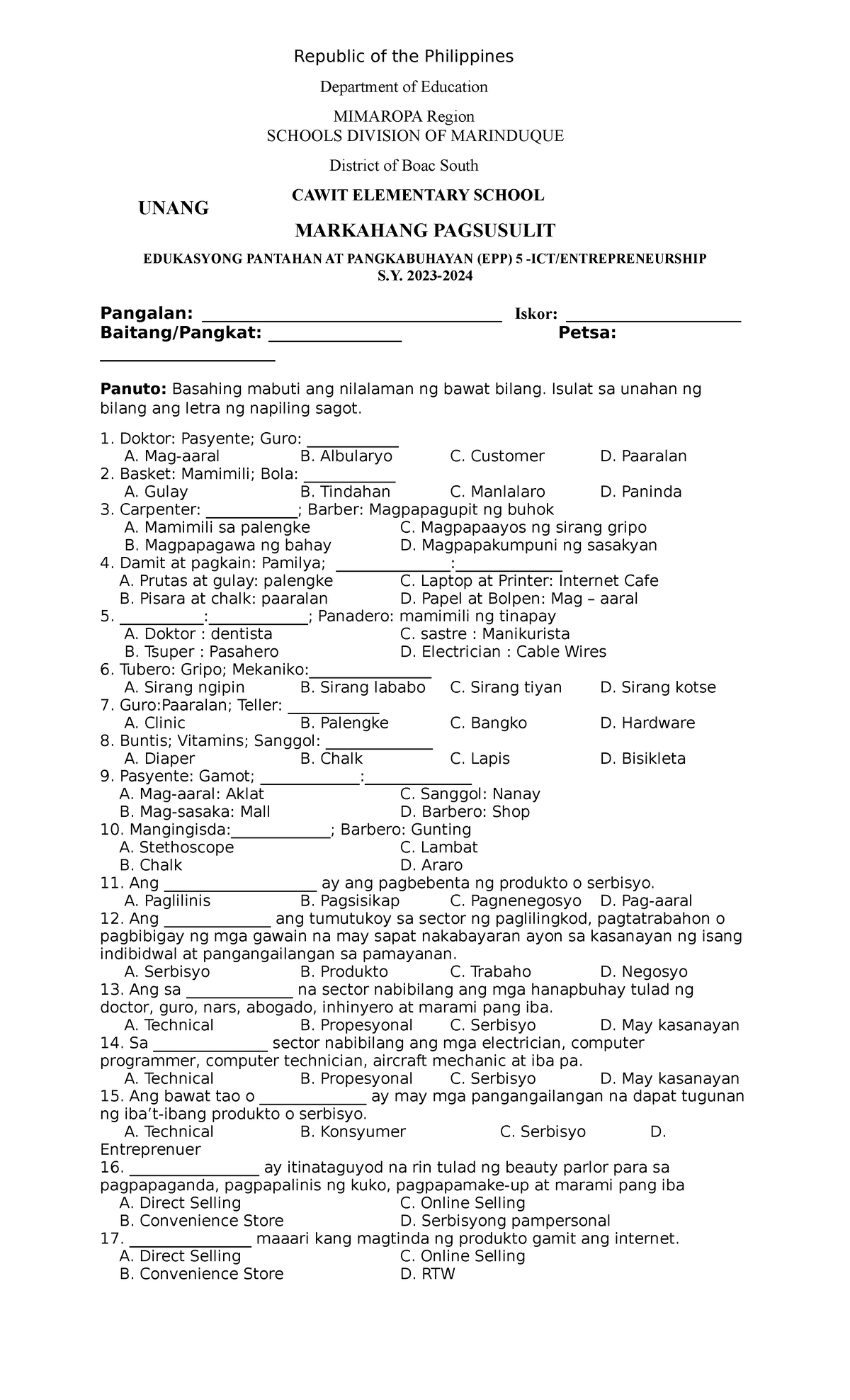 1st PT in EPP V - This is the pdf material - UNANG MARKAHANG PAGSUSULIT EDUKASYONG PANTAHAN AT ...