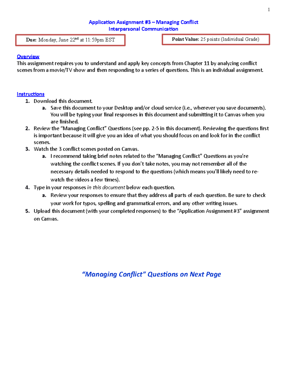 Application Assignment 3 (Managing Conflict) - Application Assignment #3 – Managing Conflict ...