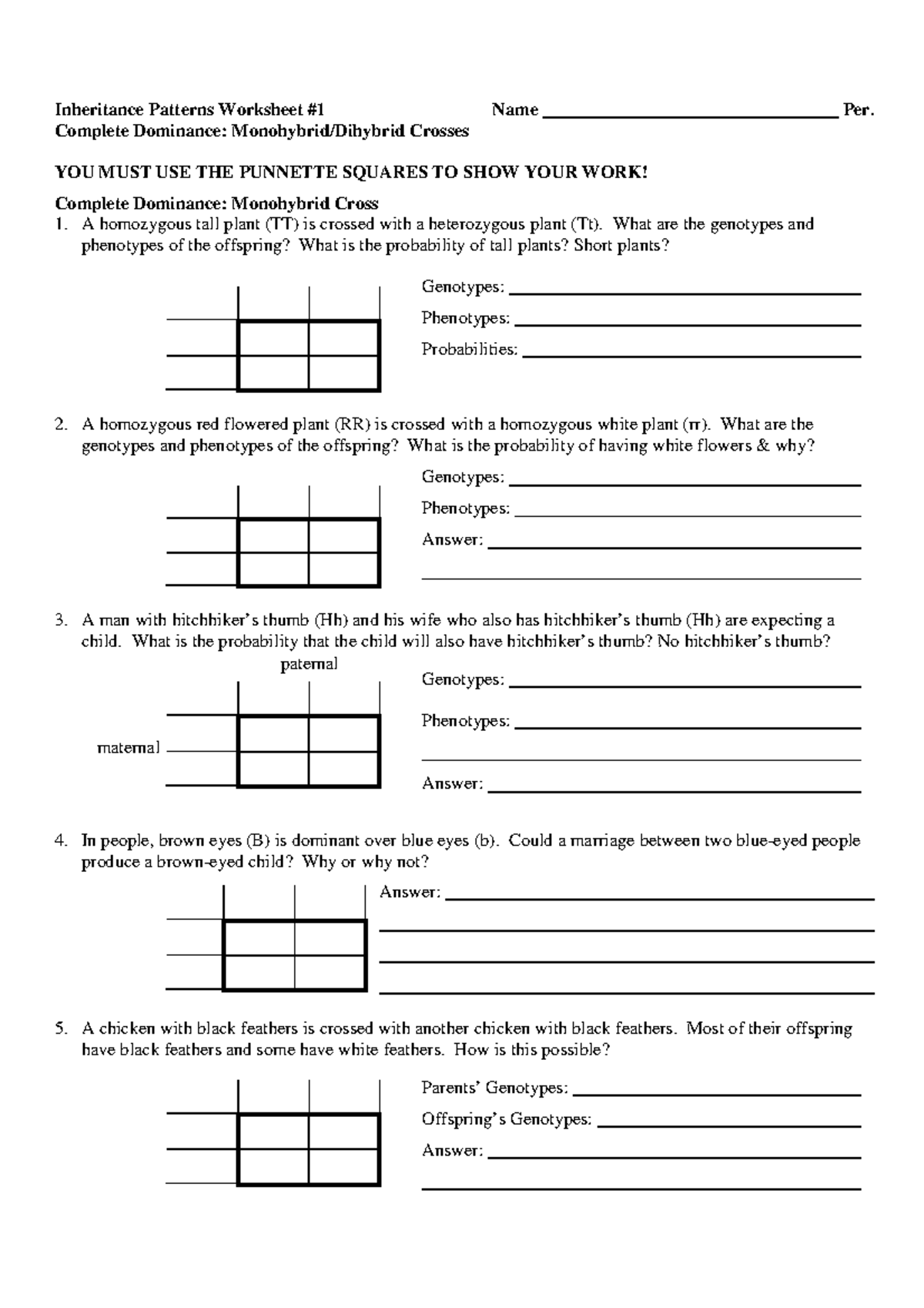 Monohybrid dihybrid ws - Inheritance Patterns Worksheet #1 Name Per ...