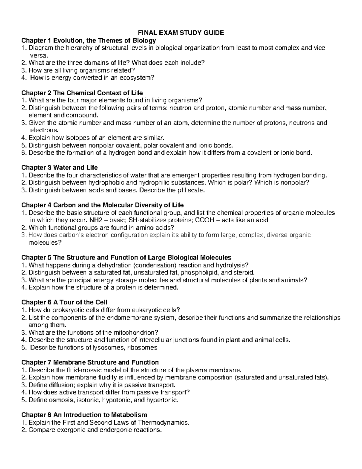 Final Exam Study Guide for BIOL 1110 - FINAL EXAM STUDY GUIDE Chapter 1 ...