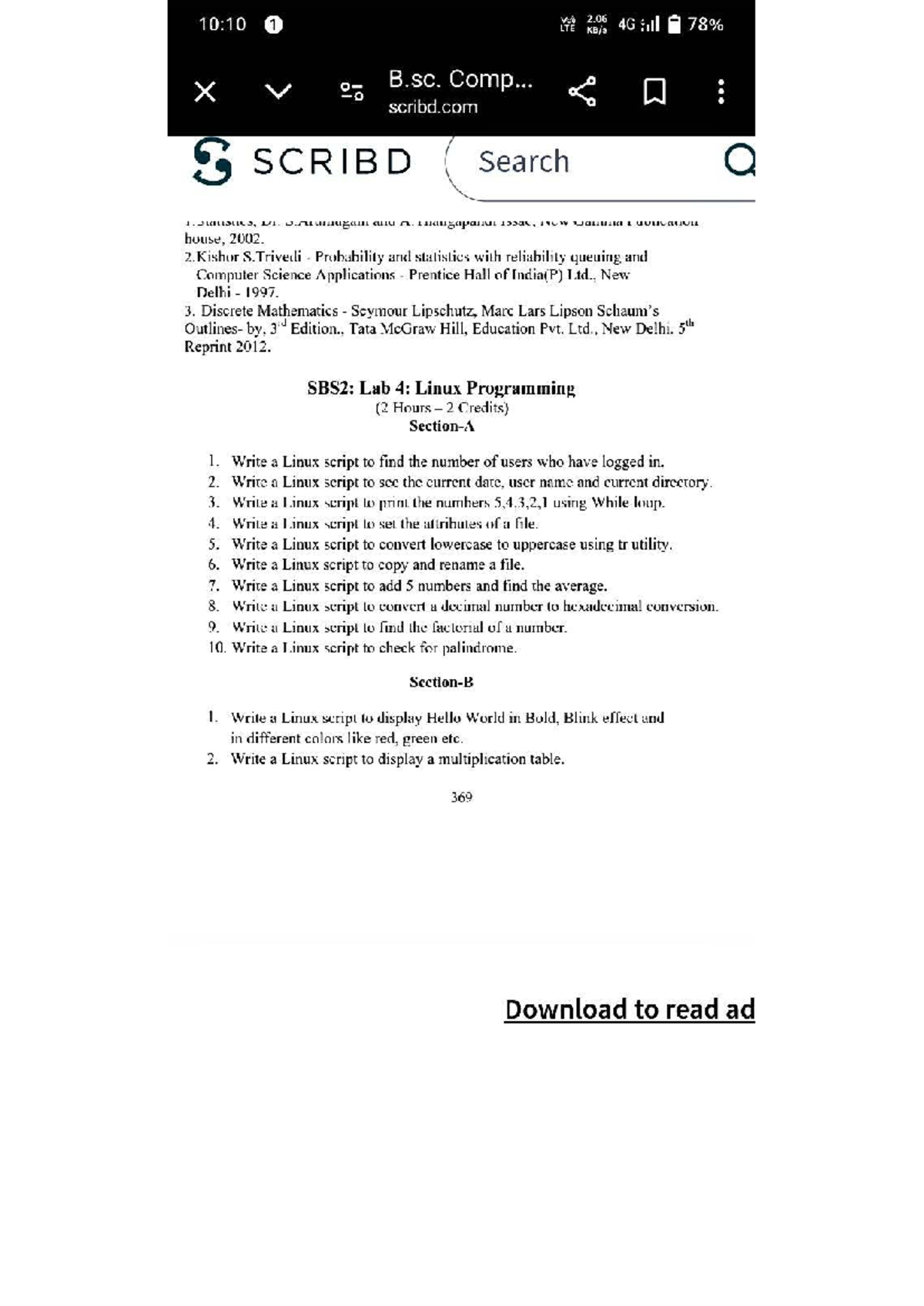 Linux 1 - 10:10 1 LTE Voi) 2 4G all X B. Comp... scribd 6 SCRIBD Search house, 2002. 2. Kishor S ...