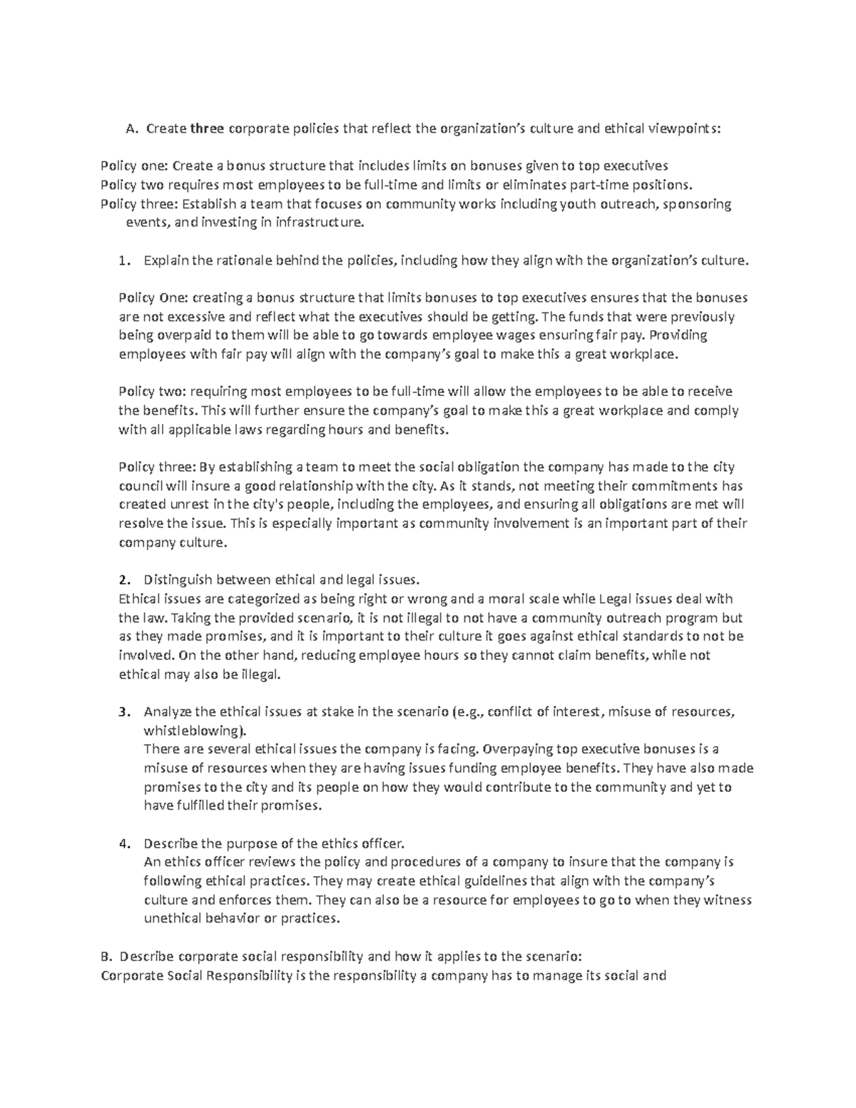 Business Ethics Task 1 - task 1 - A. Create three corporate policies ...