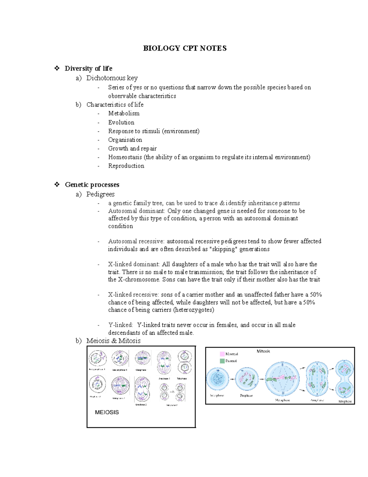 Biology CPT Notes - BIOLOGY CPT NOTES Diversity of life a) Dichotomous ...