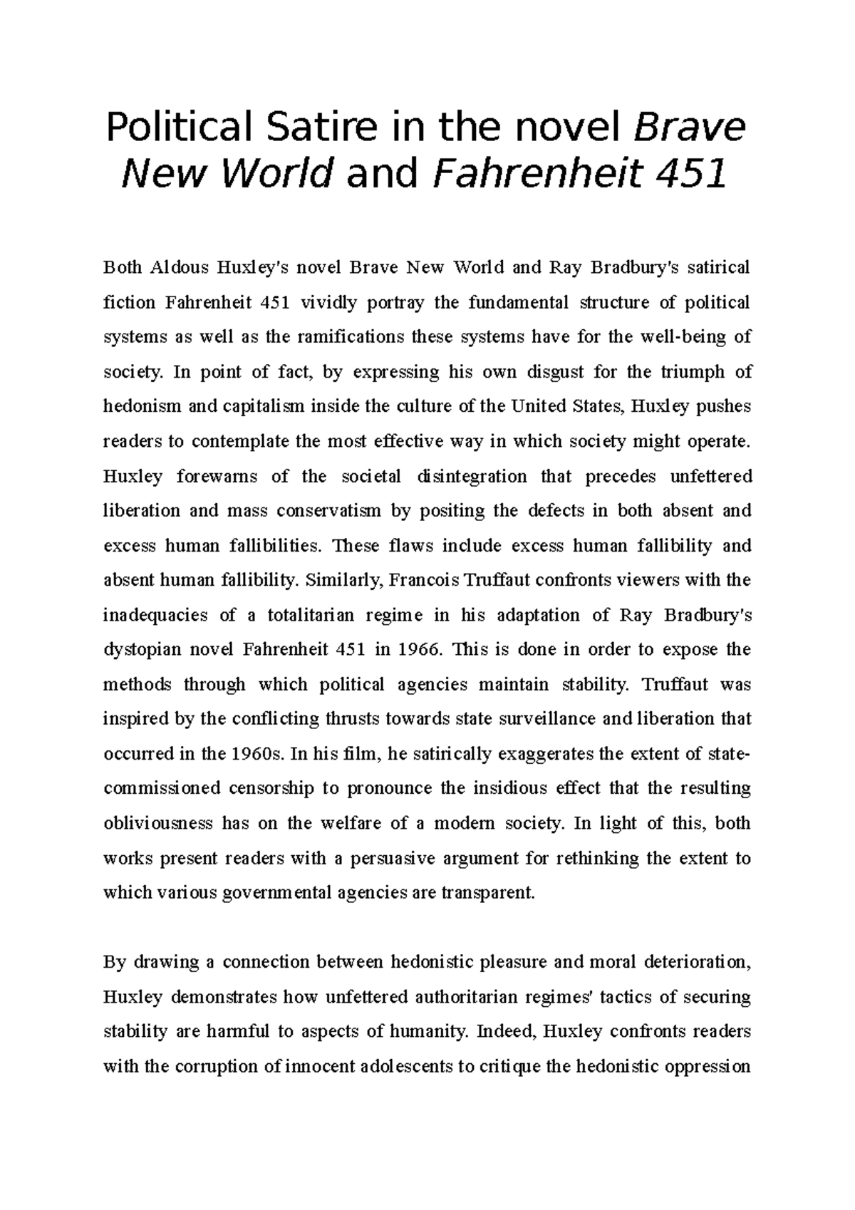 Political Satire in the novel Brave New World and Fahrenheit 451 - In ...