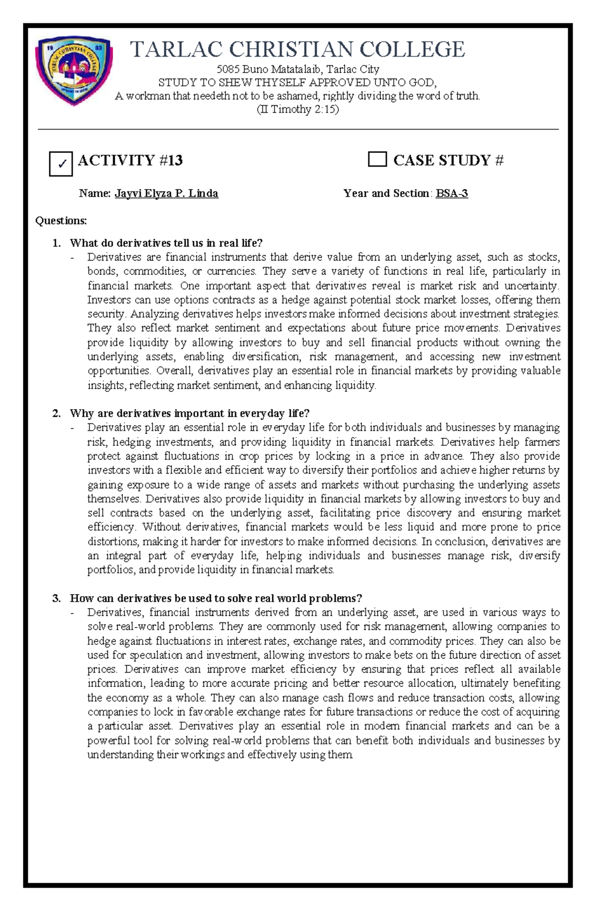 ACAE 15 Activity 13 - TARLAC CHRISTIAN COLLEGE 5085 Buno Matatalaib ...