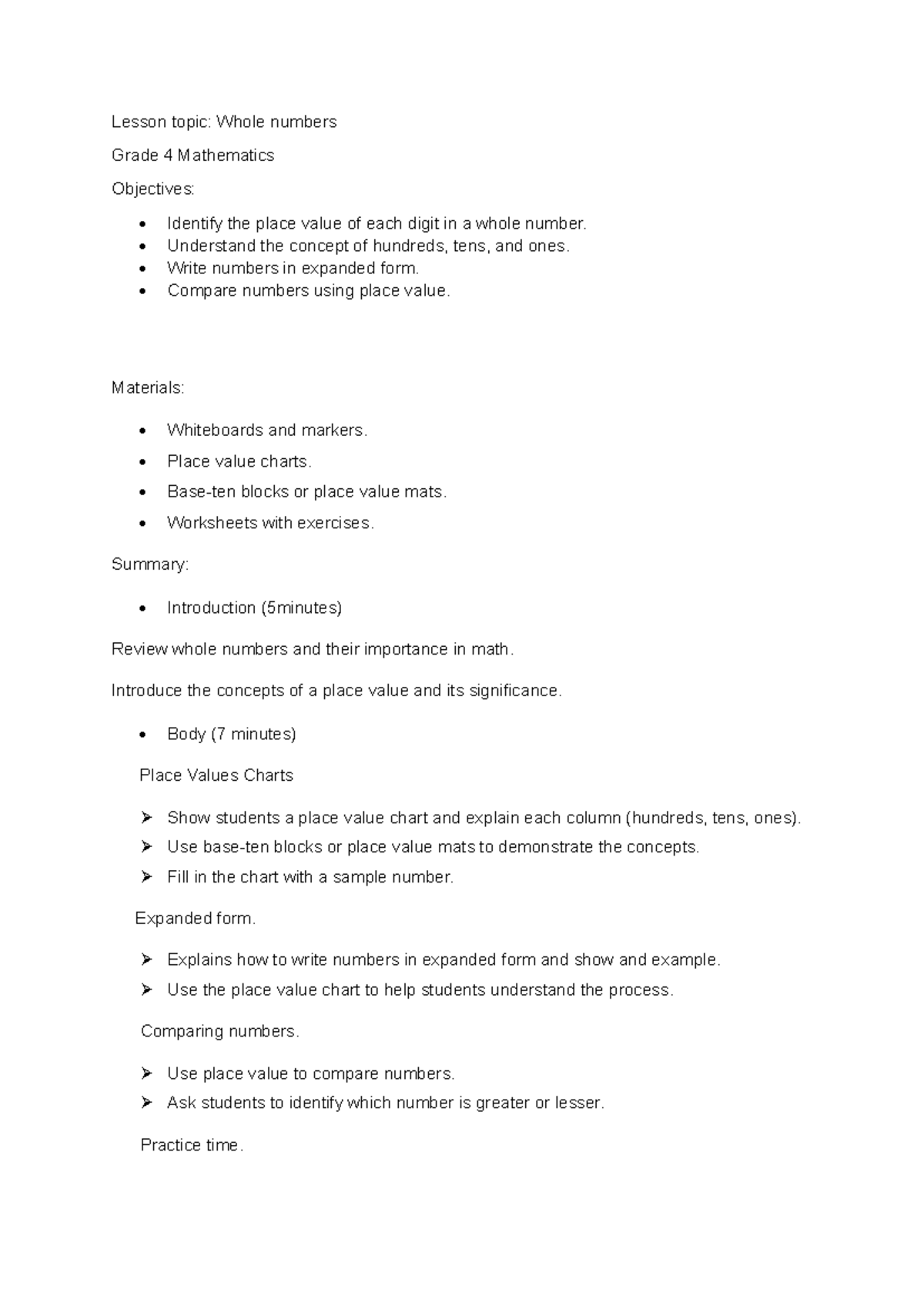 Lesson plan [TEIP 5119] - Lesson topic: Whole numbers Grade 4 ...