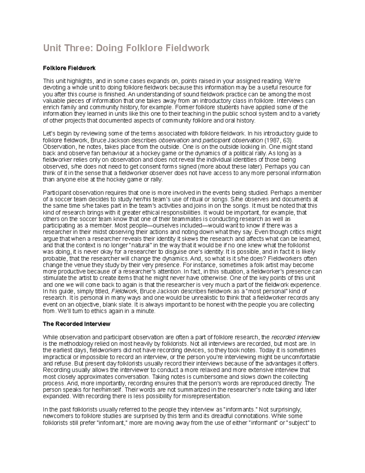 Folklore- fieldwork - Notes - Unit Three: Doing Folklore Fieldwork ...