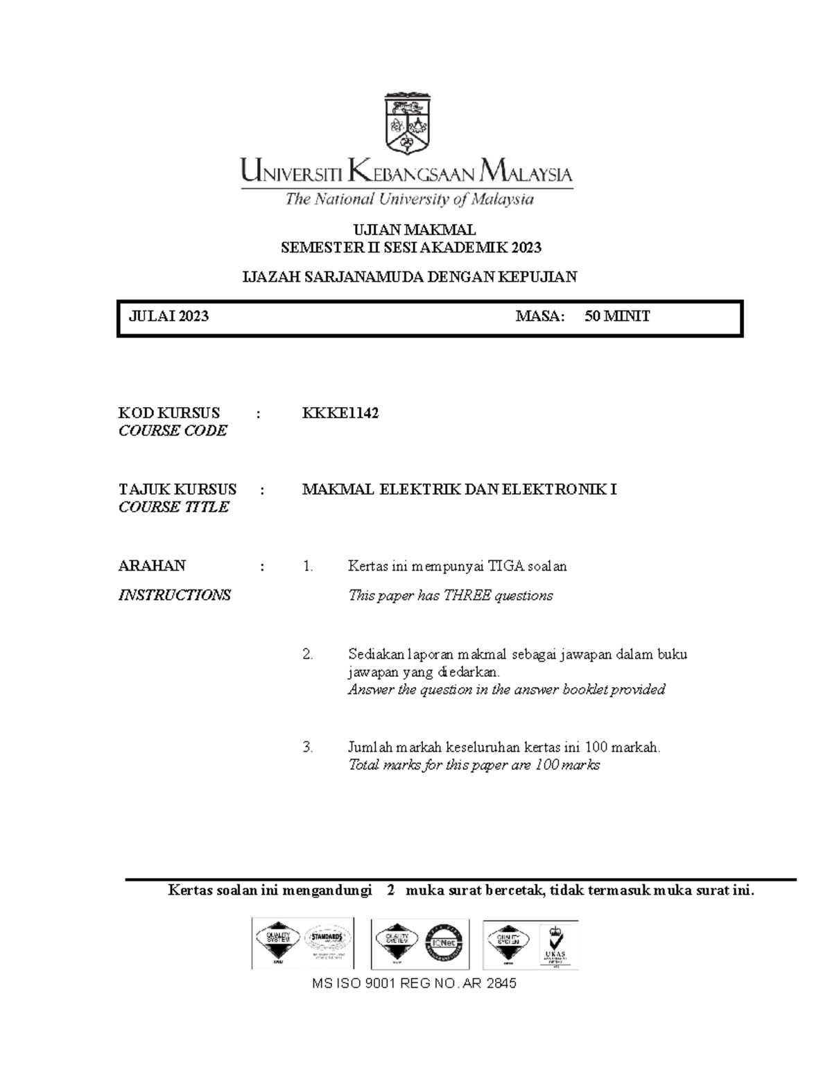 Past Year Lab Test - UJIAN MAKMAL SEMESTER II SESI AKADEMIK 2023 IJAZAH ...