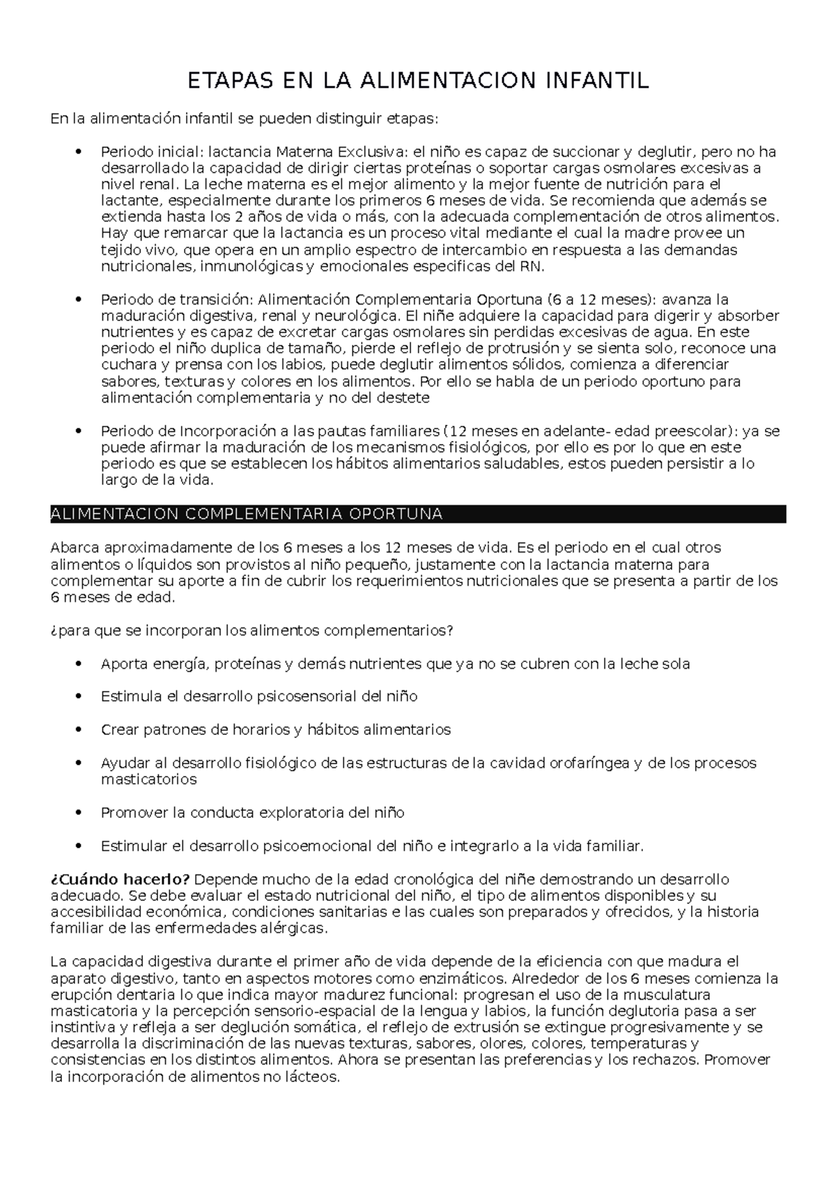 Alimentacion complementaria y nutricion - ETAPAS EN LA ALIMENTACION ...
