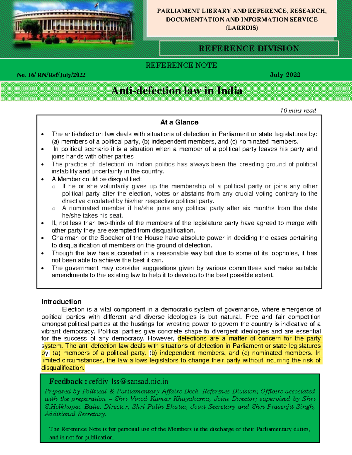 Anti defection law pdf - RESEARCH AND INFORMATION DIVISION 10 mins read ...