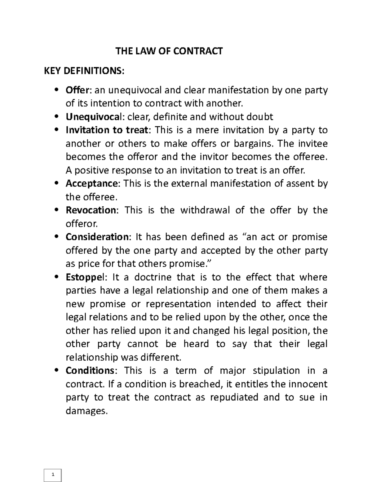 5. law of contract - Copy - THE LAW OF CONTRACT KEY DEFINITIONS: Offer ...