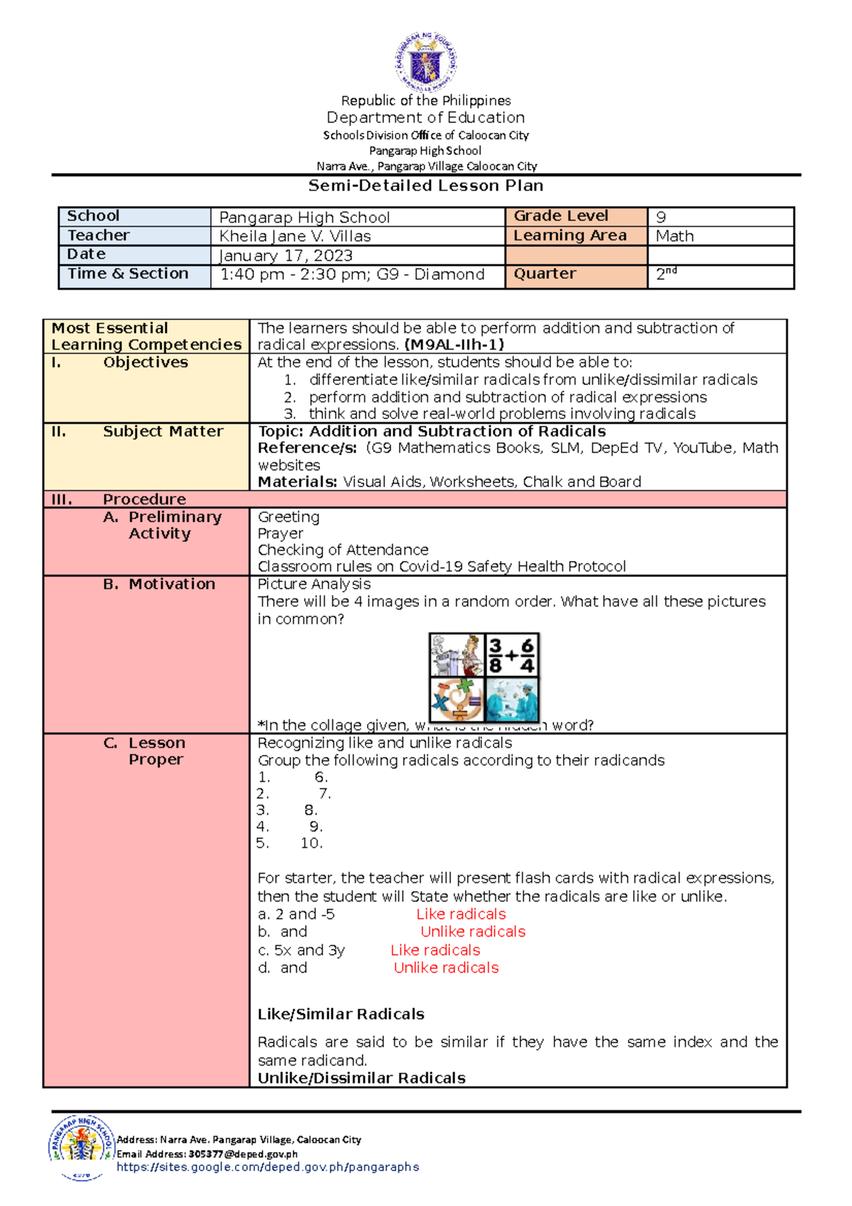 Addition and Subtraction of Radicals - Department of Education Schools ...