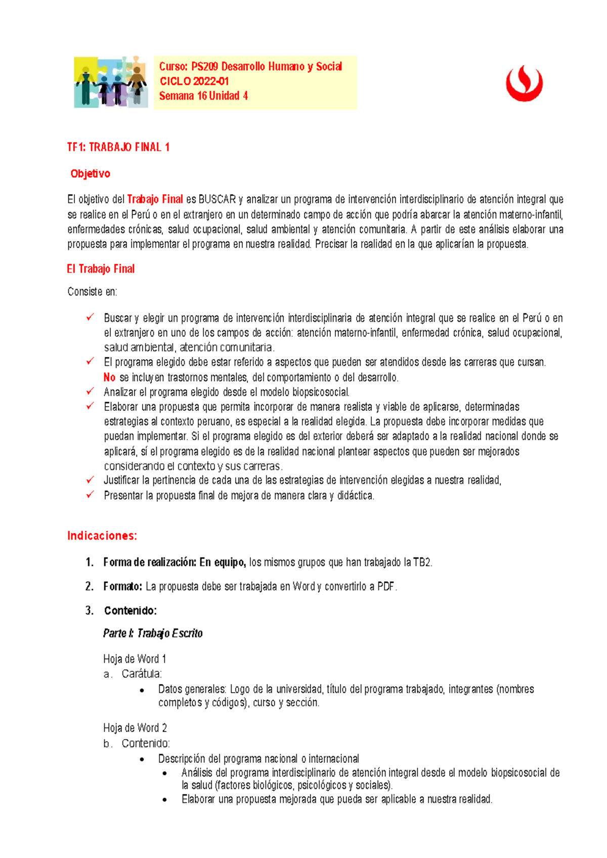 TF DHS 2022 Trabajo Final Indicaciones - Curso: PS209 Desarrollo Humano y Social CICLO 2022 ...