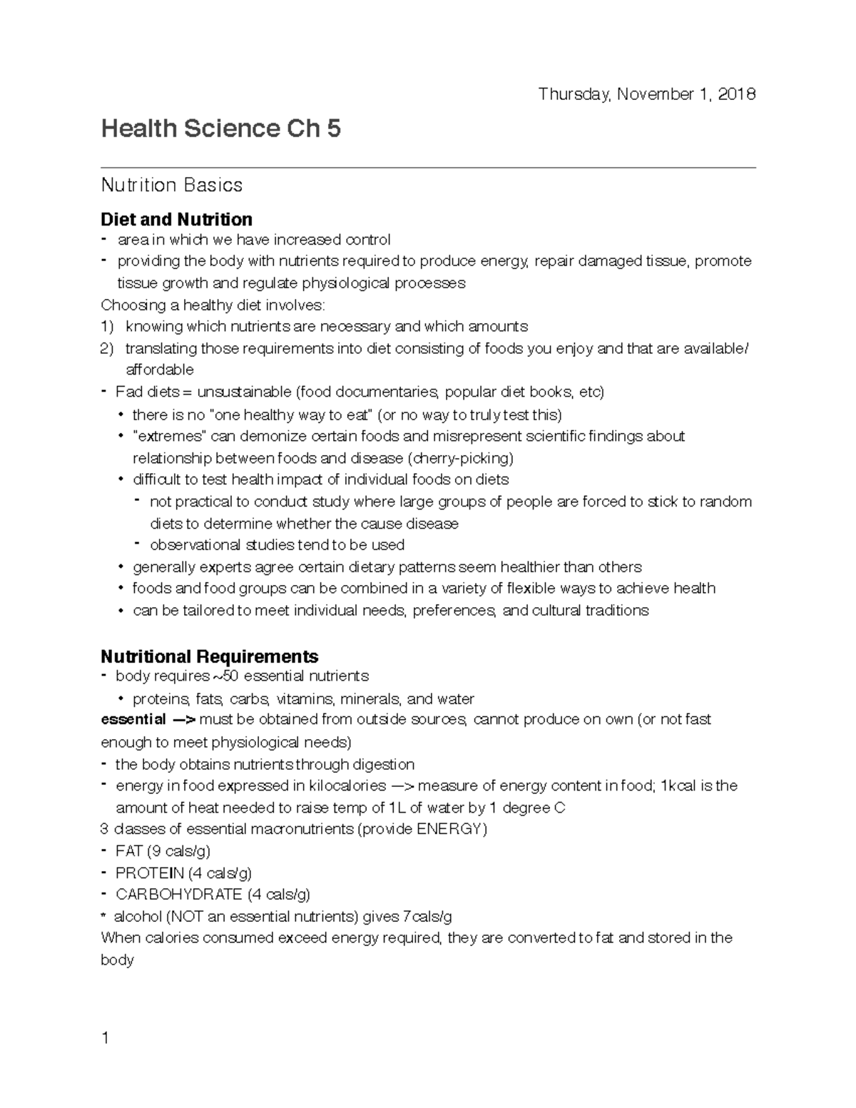 Health sci ch 5 - Summary notes - Health Science Ch 5 Nutrition Basics ...