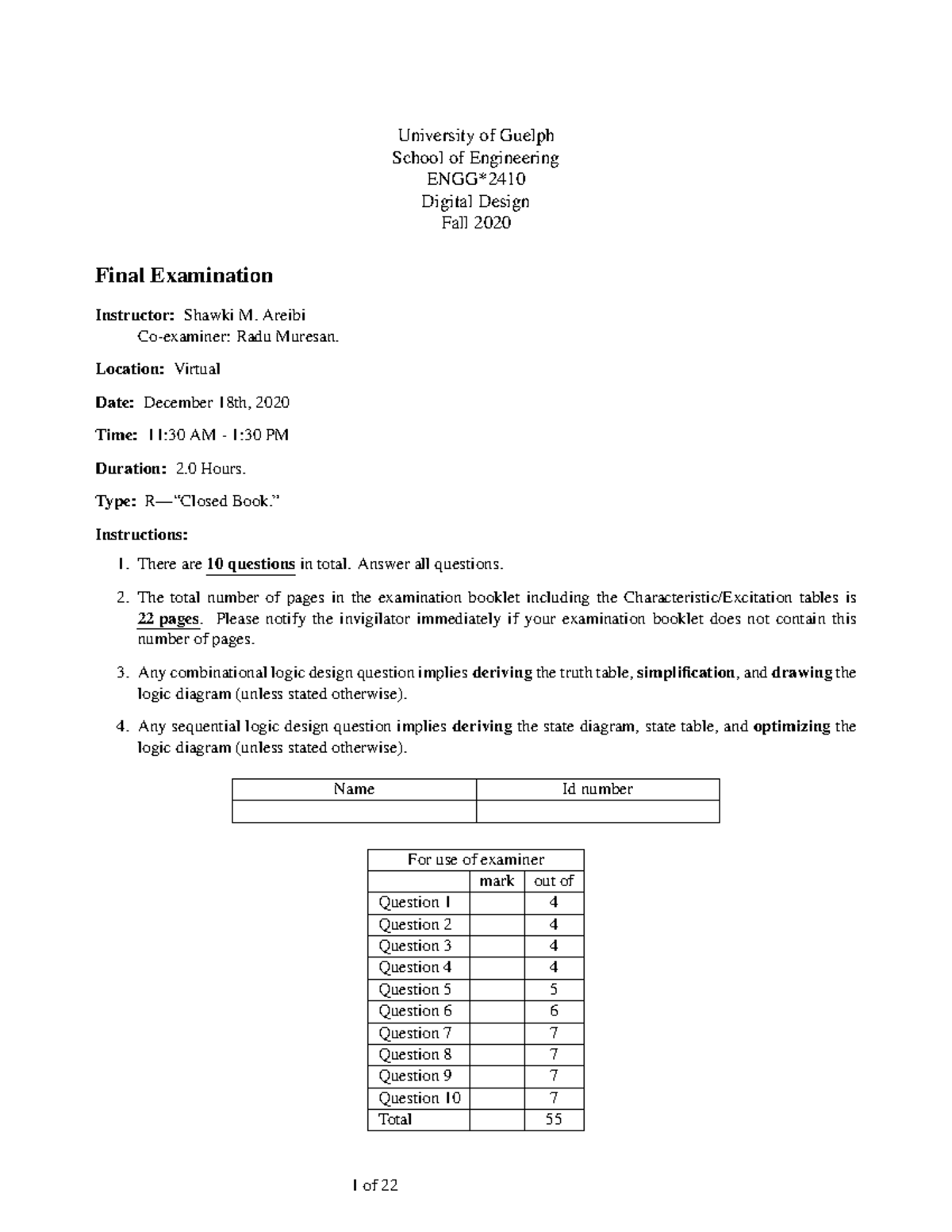 Eng241-Final-F20 - Final Exam F20 - University of Guelph School of Engineering ENGG* Digital ...