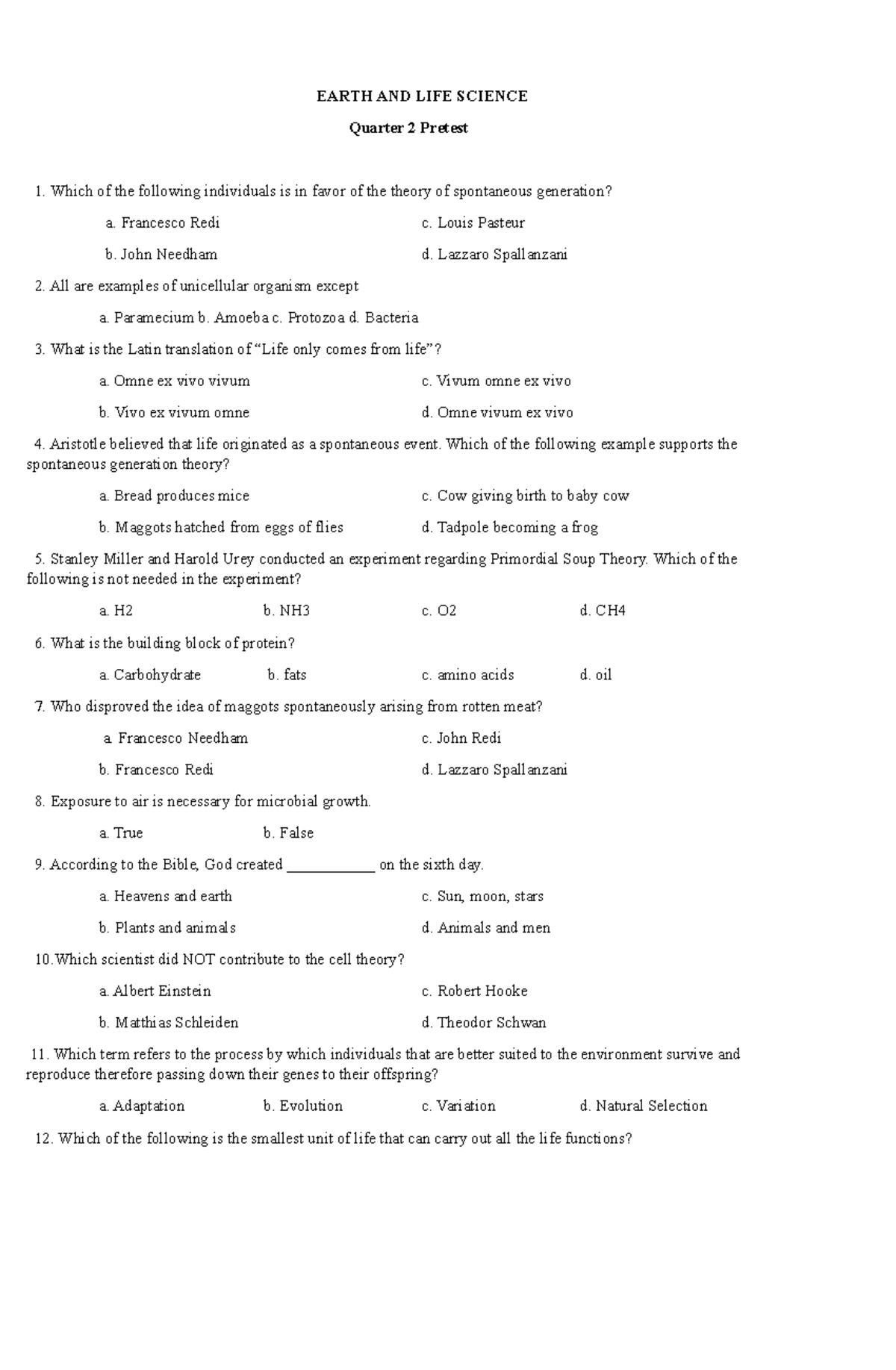 Earth AND LIFE Science Pretest Q2 - EARTH AND LIFE SCIENCE Quarter 2 ...