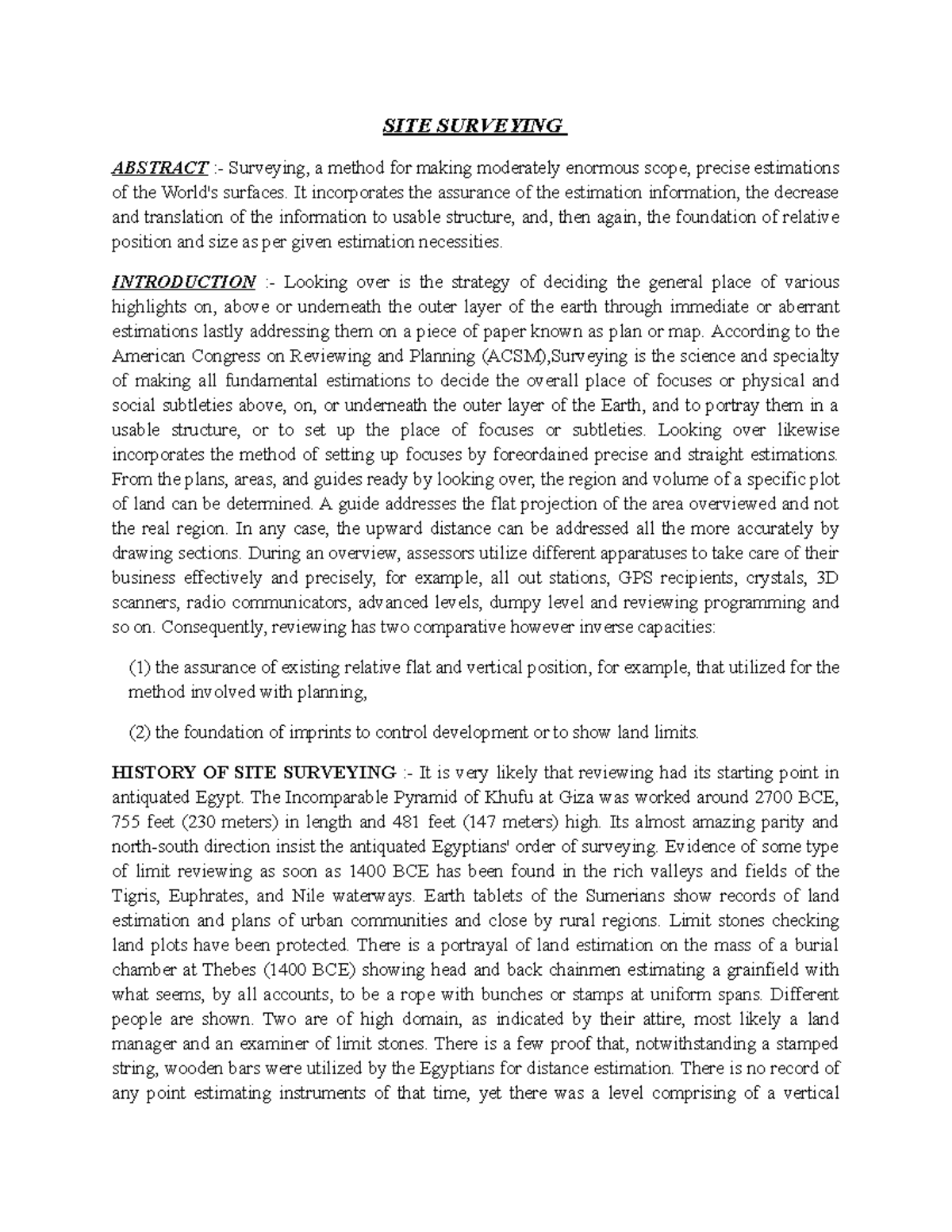 SITE Surveying - Lecture notes 6 - SITE SURVEYING ABSTRACT :- Surveying ...