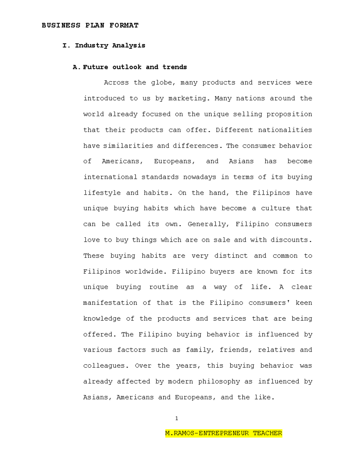 Business-Plan-Format - 1 I. Industry Analysis A. Future outlook and ...