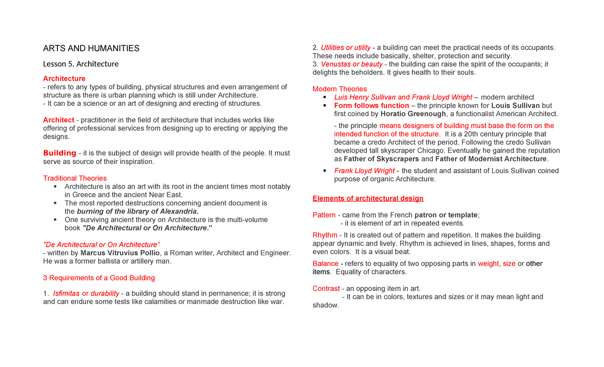 ARTS-AND- Humanities - ARTS AND HUMANITIES Lesson 5. Architecture ...