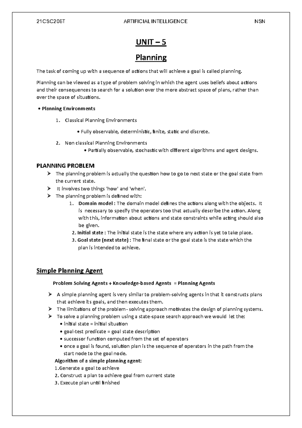 2nd year AI unit 5 - UNIT – 5 Planning The task of coming up with a sequence of actions that ...