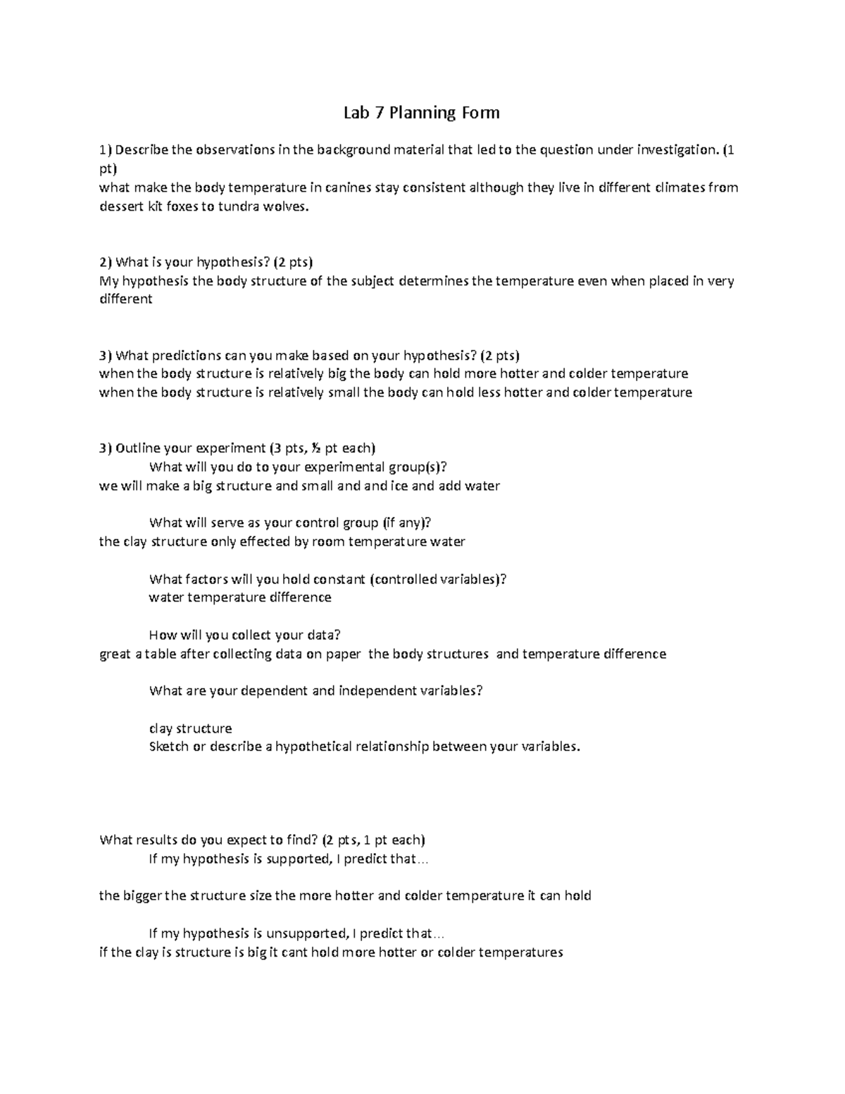 Lab planning form 7 - review help for bio - Lab 7 Planning Form ...