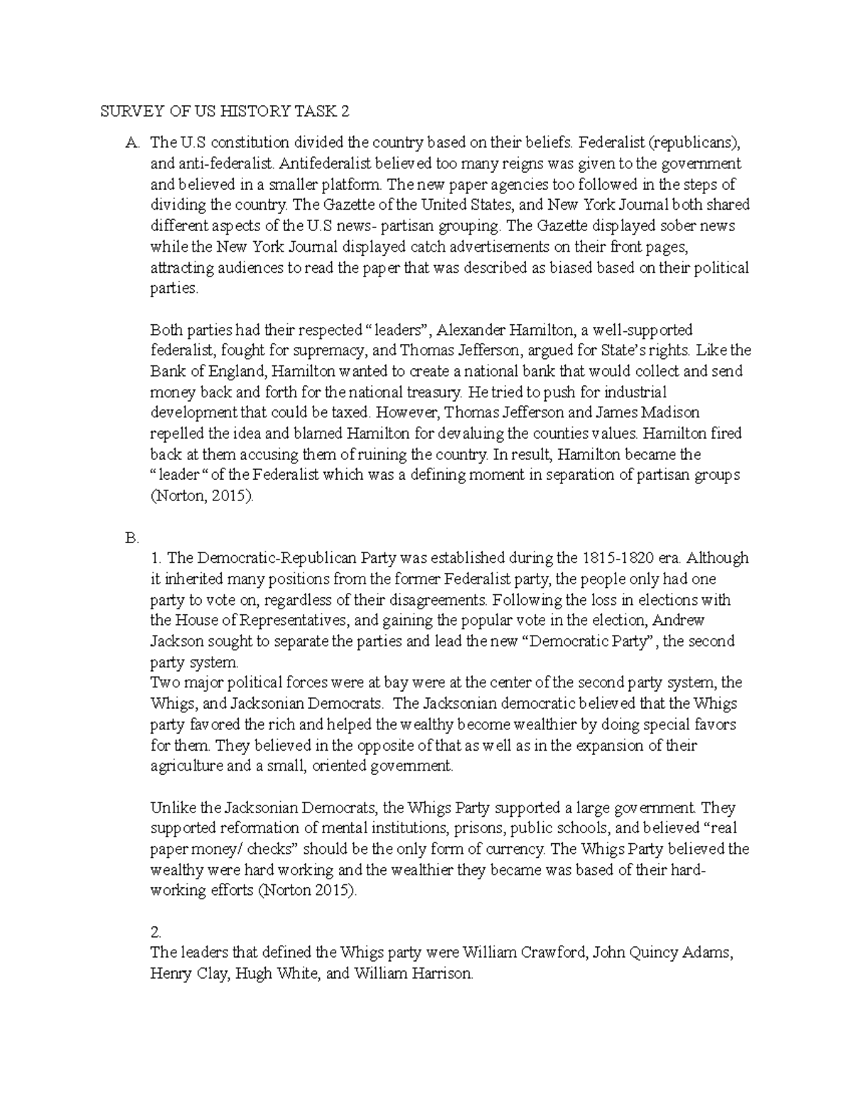 Survey OF US History TASK 2 Revised - SURVEY OF US HISTORY TASK 2 A ...