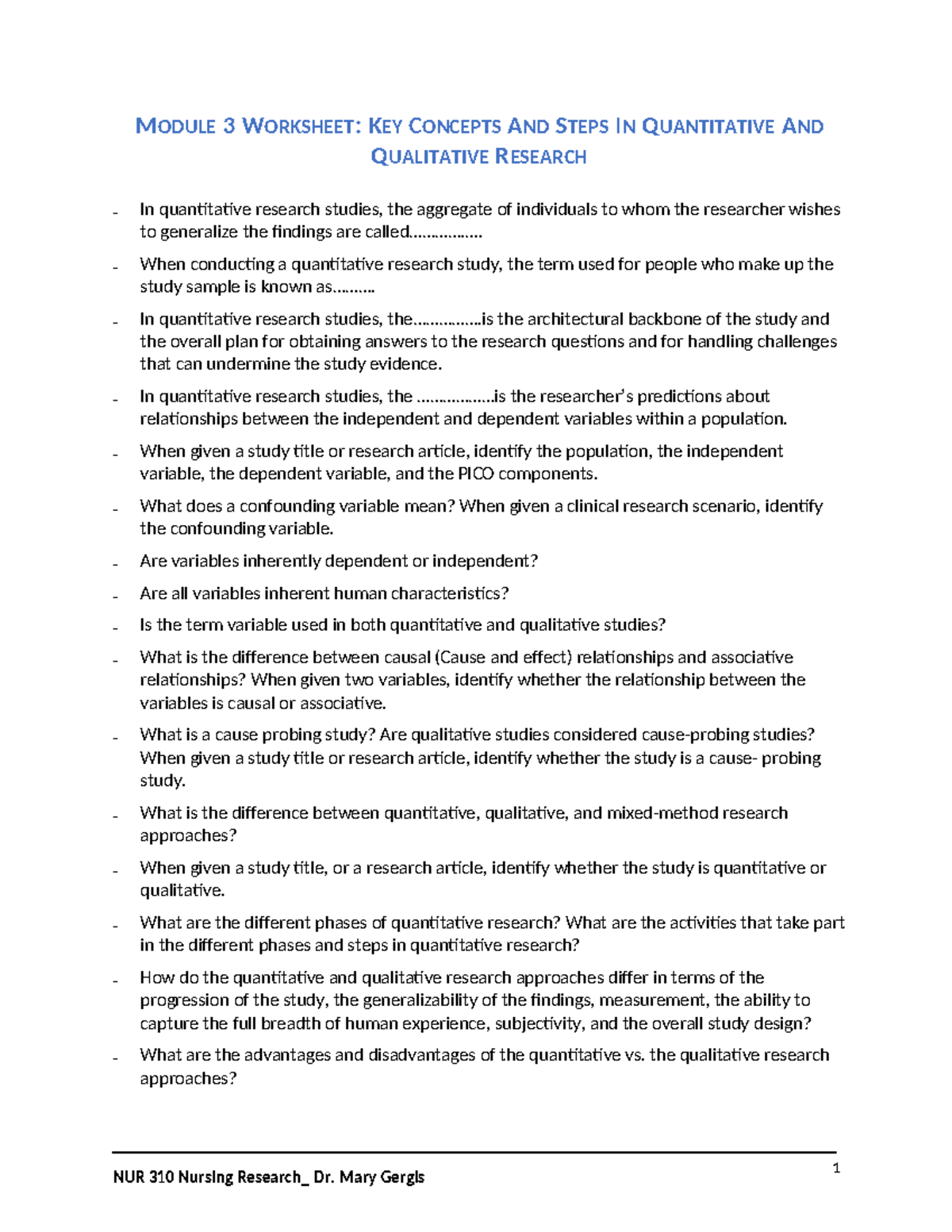Module 3 Worksheet - NUR 310 Nursing Research_ Dr. Mary Gergis 1 MODULE ...