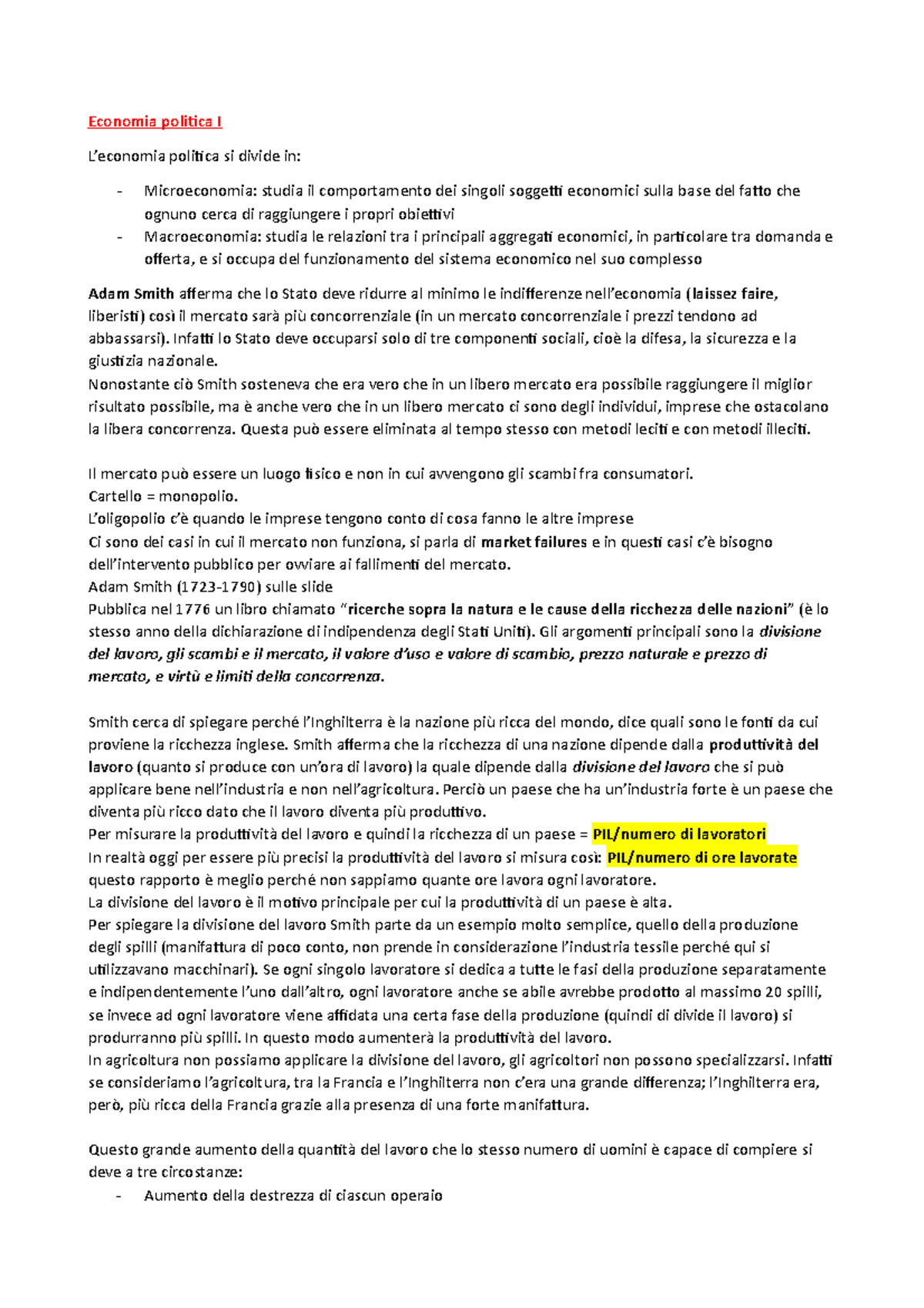 Economia politica I - Smith, Pil, asimmetrie informative, esternalità e ...