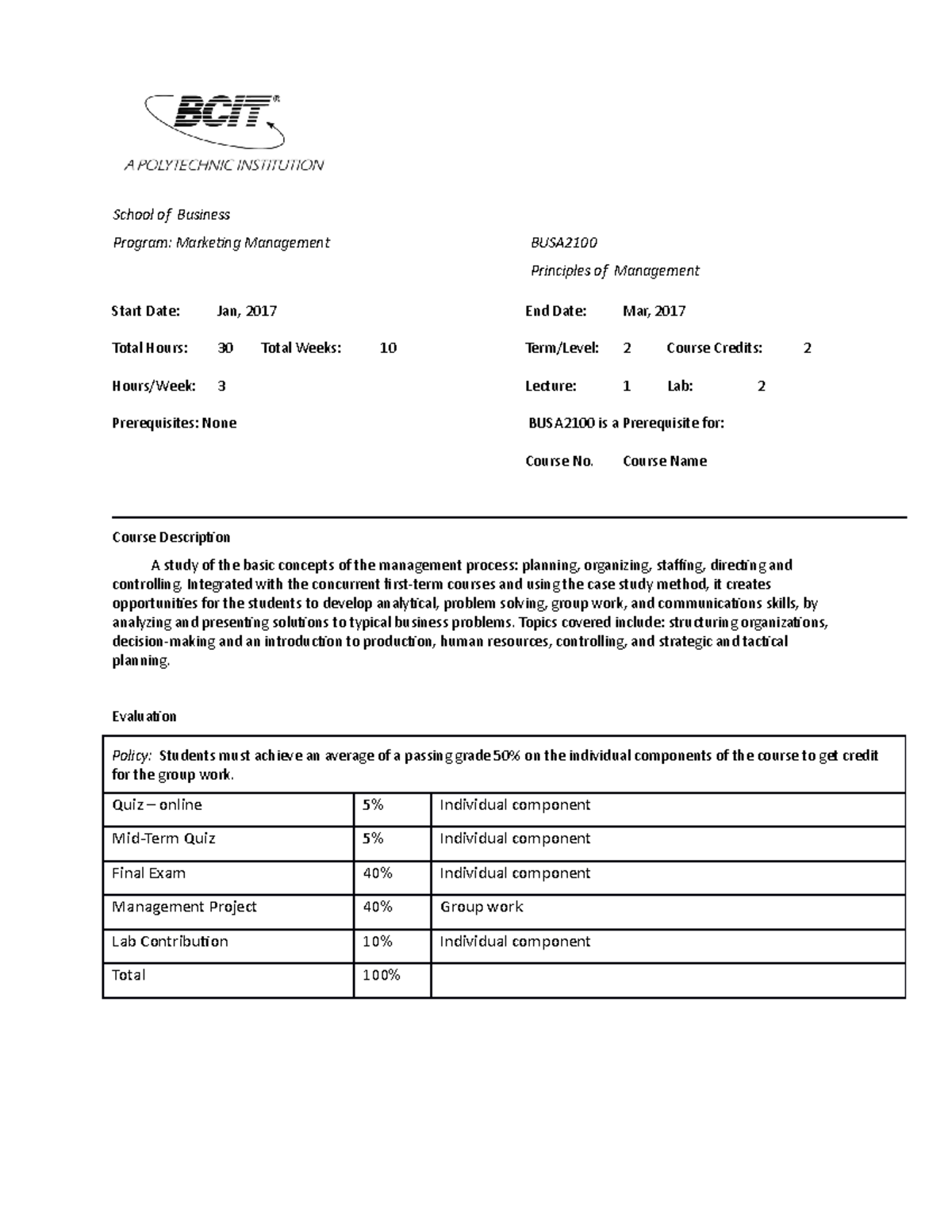 BUSA Course Outline - School of Business Program: Marketing Management ...