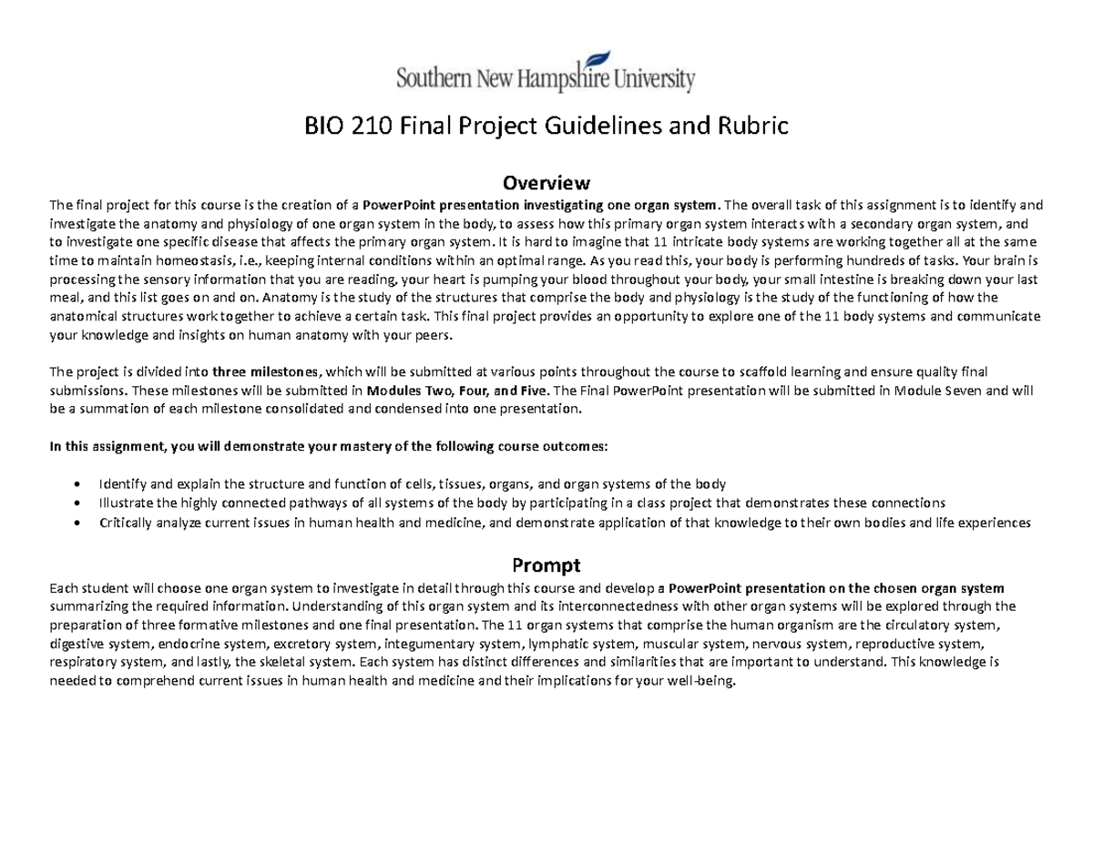 BIO 210 Final Project Guidelines and Rubric - The overall task of this ...