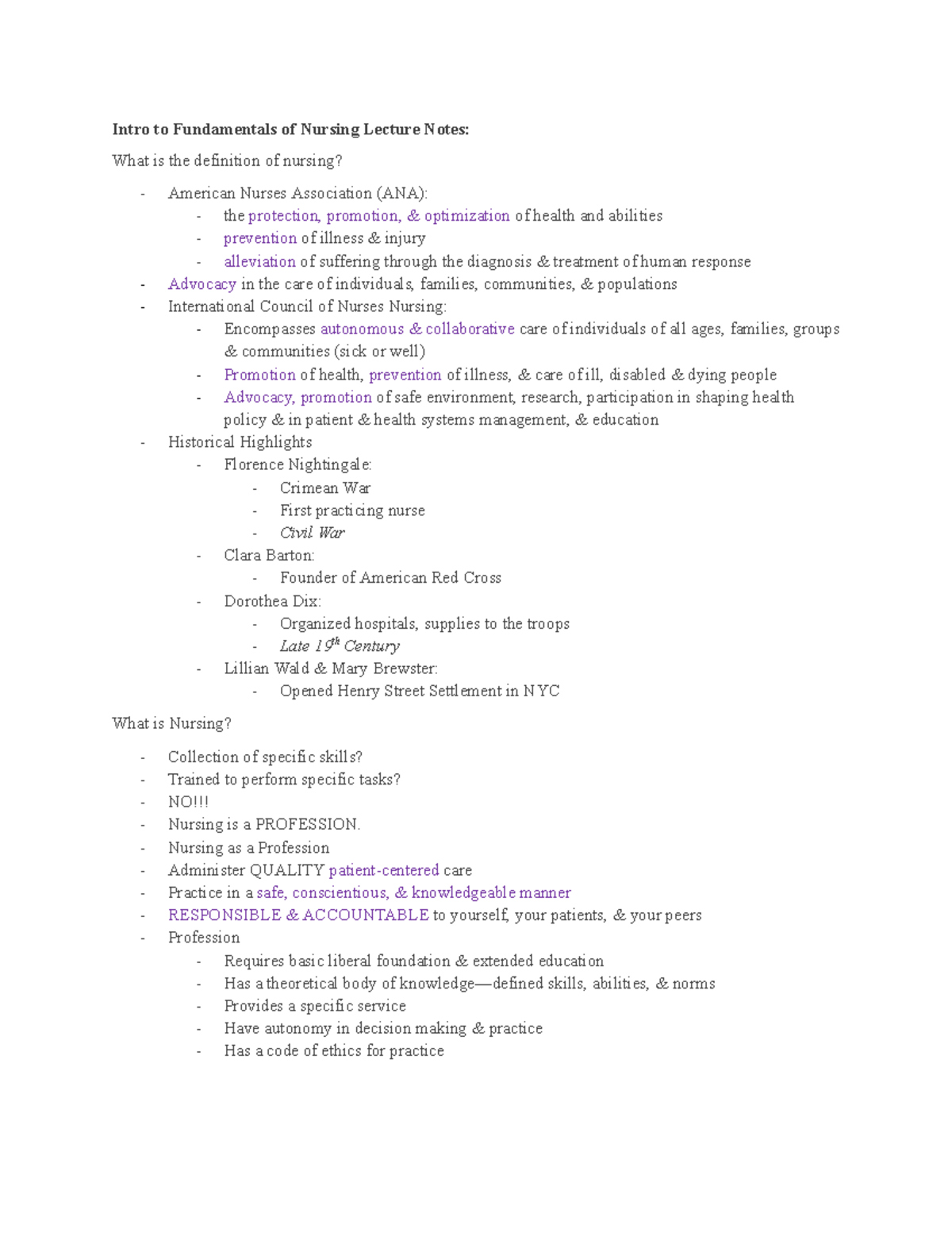Intro to Fundamentals of Nursing Lecture Notes - Nursing as a ...