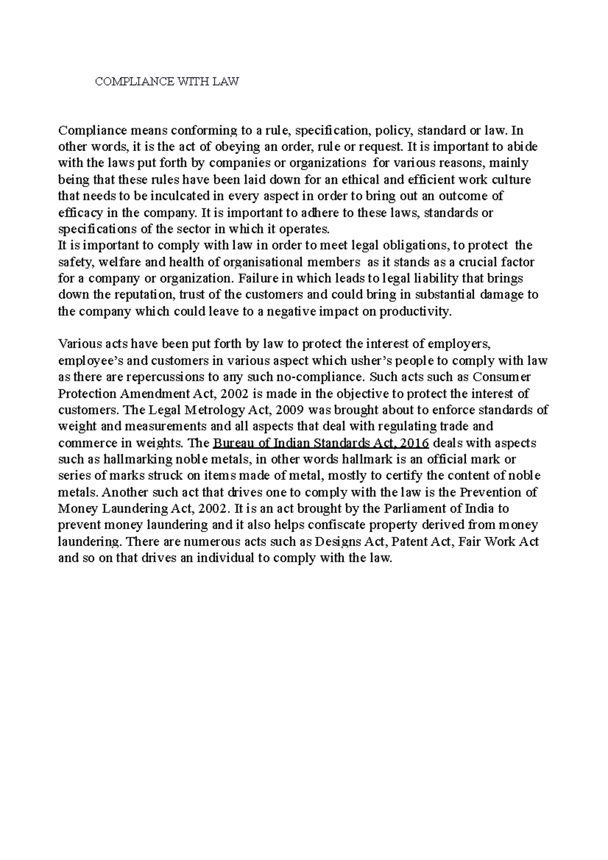 Compliance with Law - m;ln - COMPLIANCE WITH LAW Compliance means ...