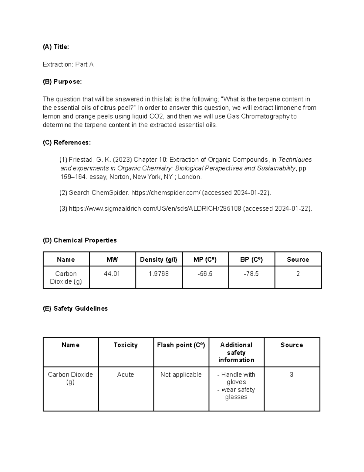 Extraction Part A Pre-Lab - (A) Title: Extraction: Part A (B) Purpose ...