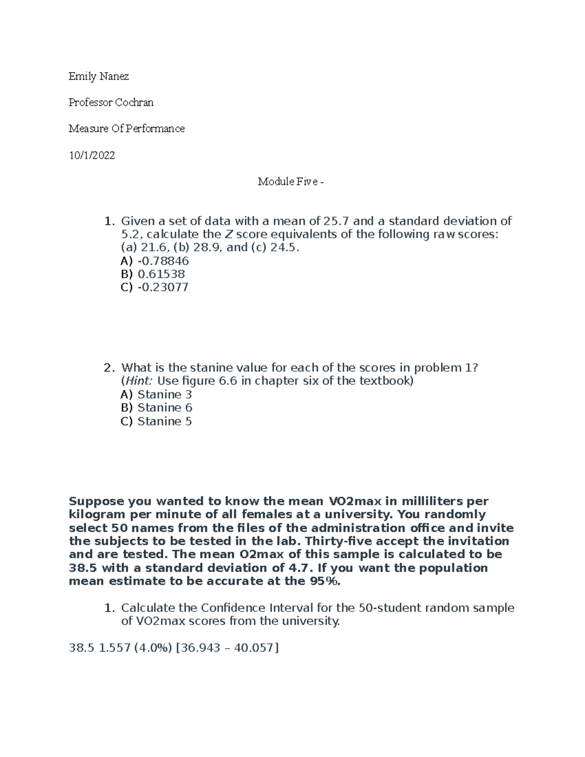 Emily Nanez Module 5 - lab homework - Emily Nanez Professor Cochran Measure Of Performance 10/1 ...