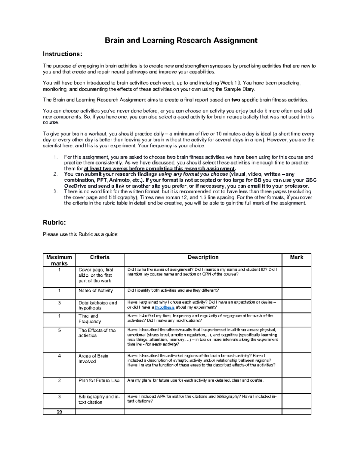 Brain Learning Research Instruction and Rubric 1 - Brain and Learning ...