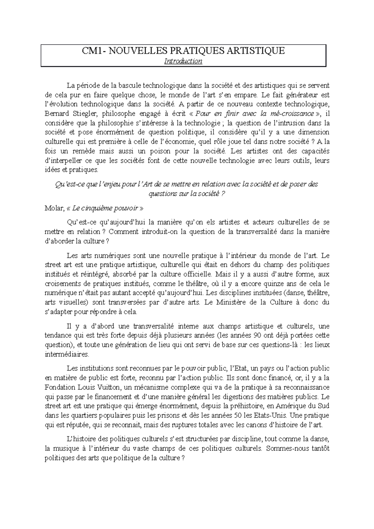 CM1 - Cours - CM1- NOUVELLES PRATIQUES ARTISTIQUE Introduction La ...