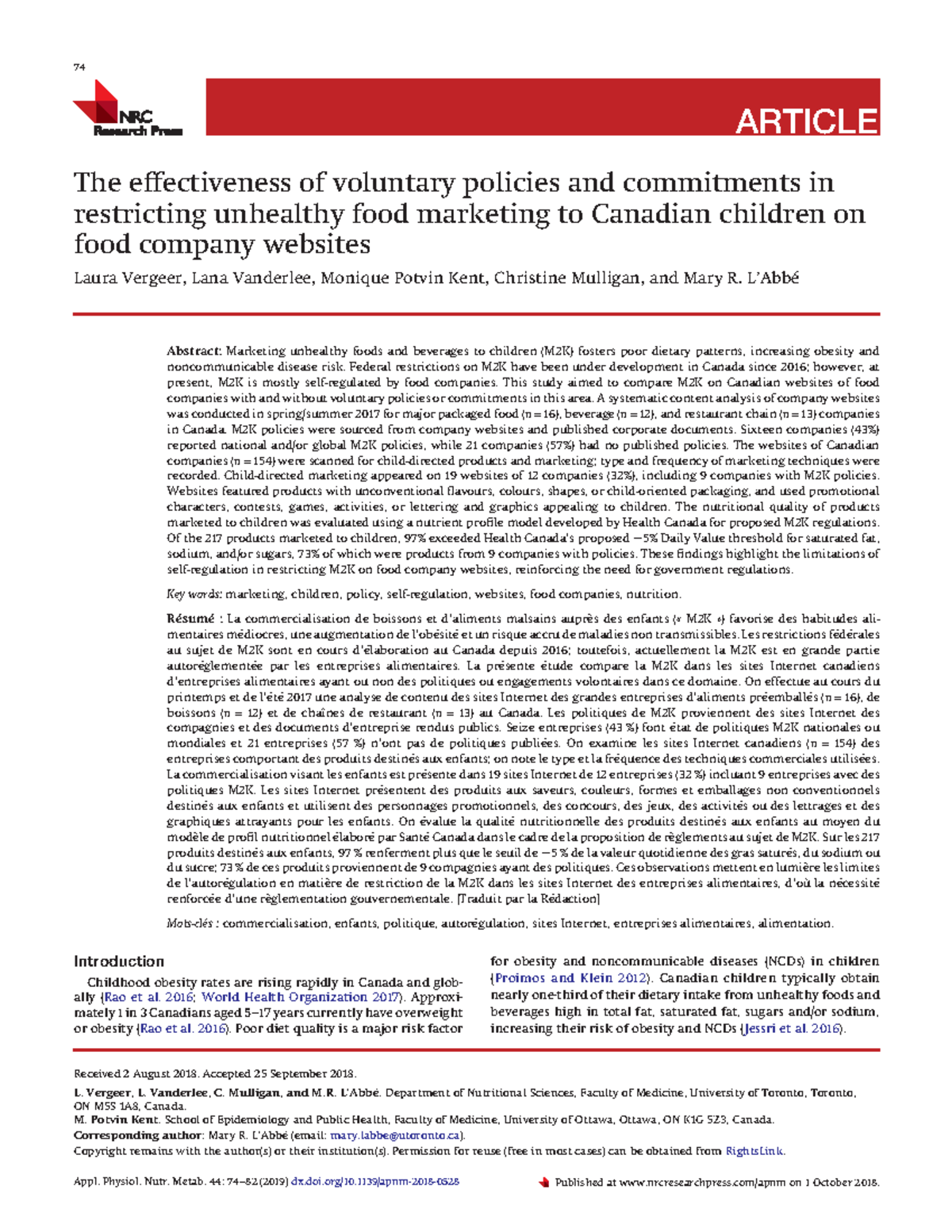 Voluntary policies and commitments in restricting unhealthy food marketing - L’Abbé Abstract ...